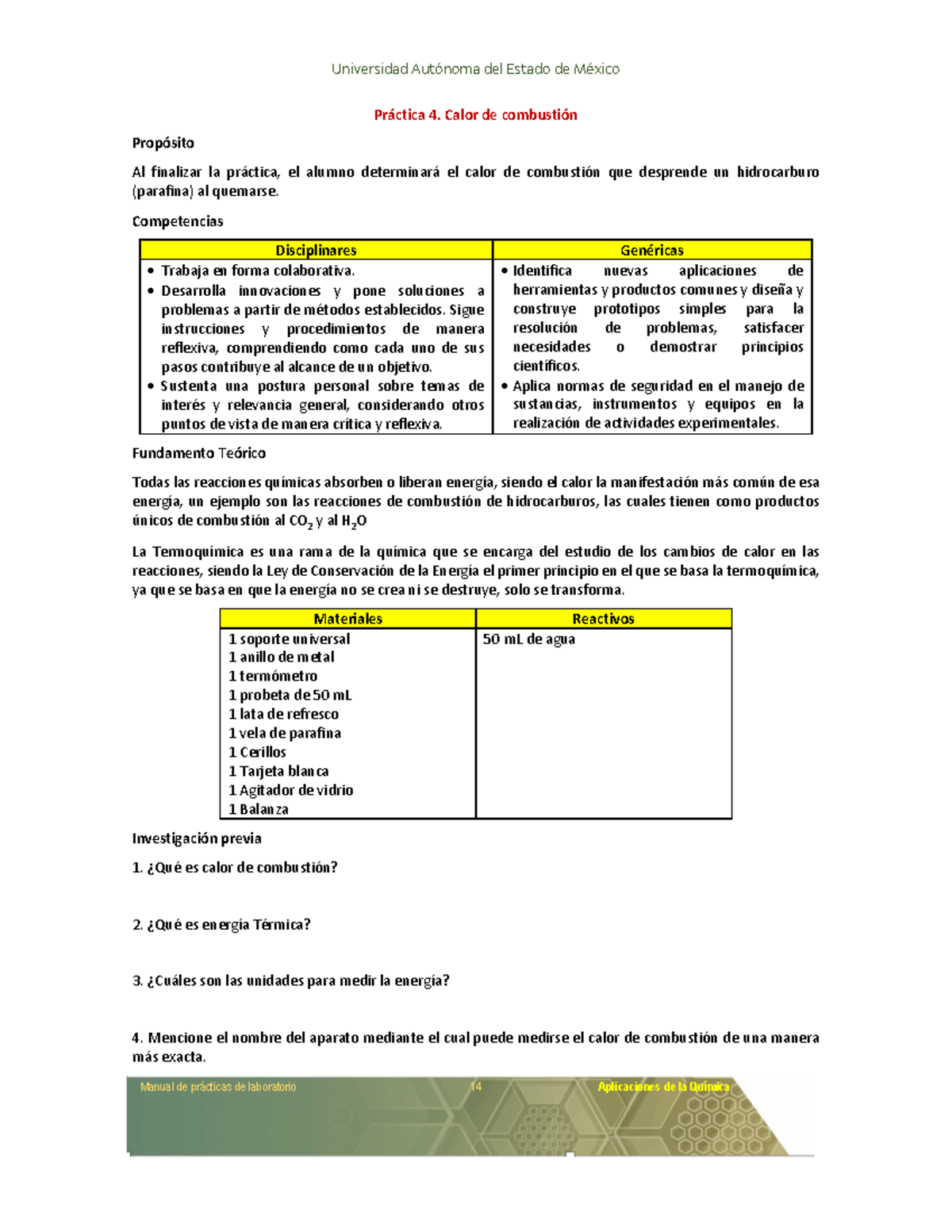 Práctica 4 Calor de combustión - Universidad Autónoma del Estado de ...