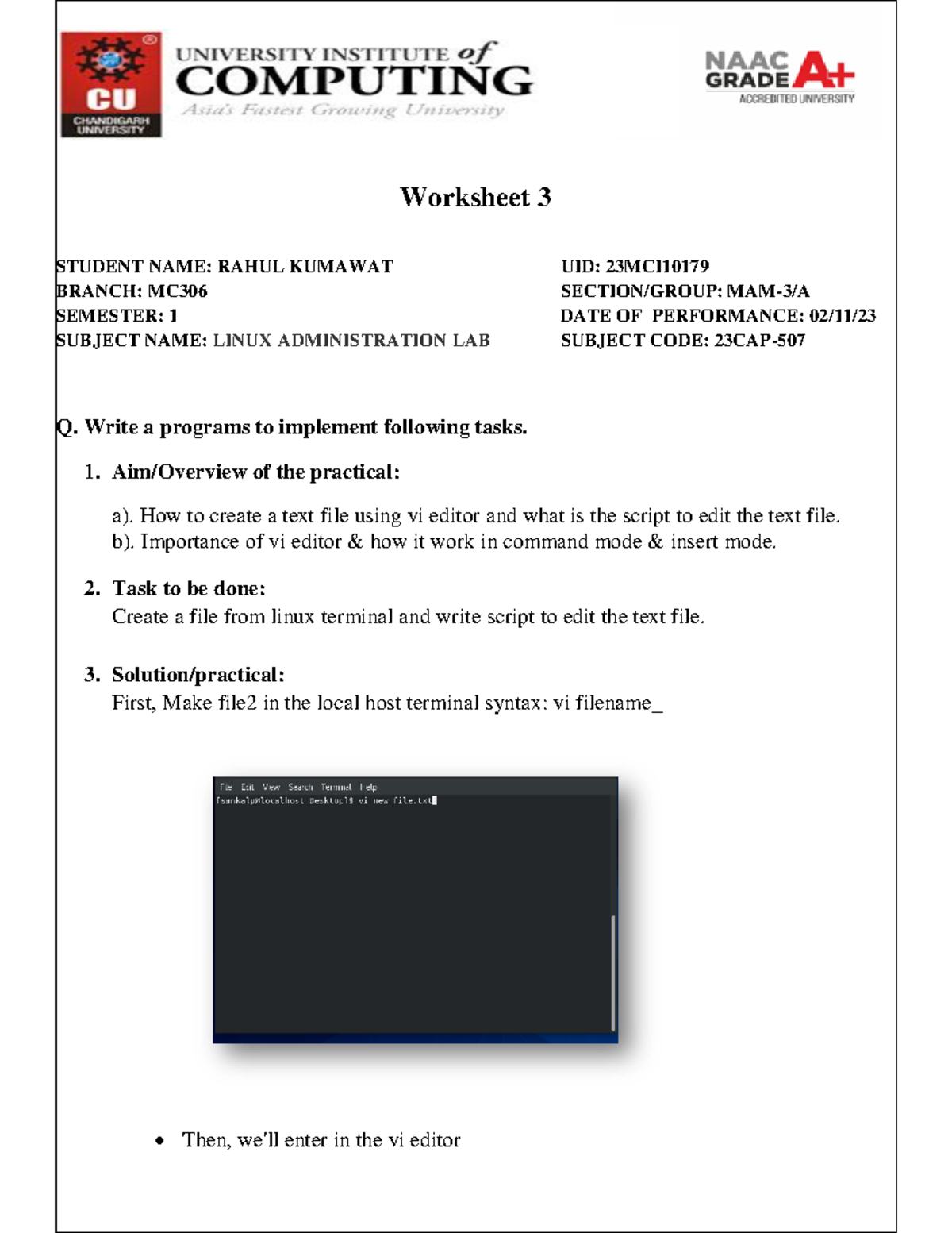 Linux Worksheet-3 - you can use easly - Worksheet 3 STUDENT NAME: RAHUL ...