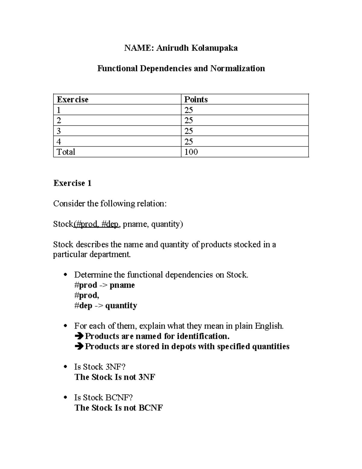 CS623HW5 - NAME: Anirudh Kolanupaka Functional Dependencies and Normalization Exercise Points 1 ...