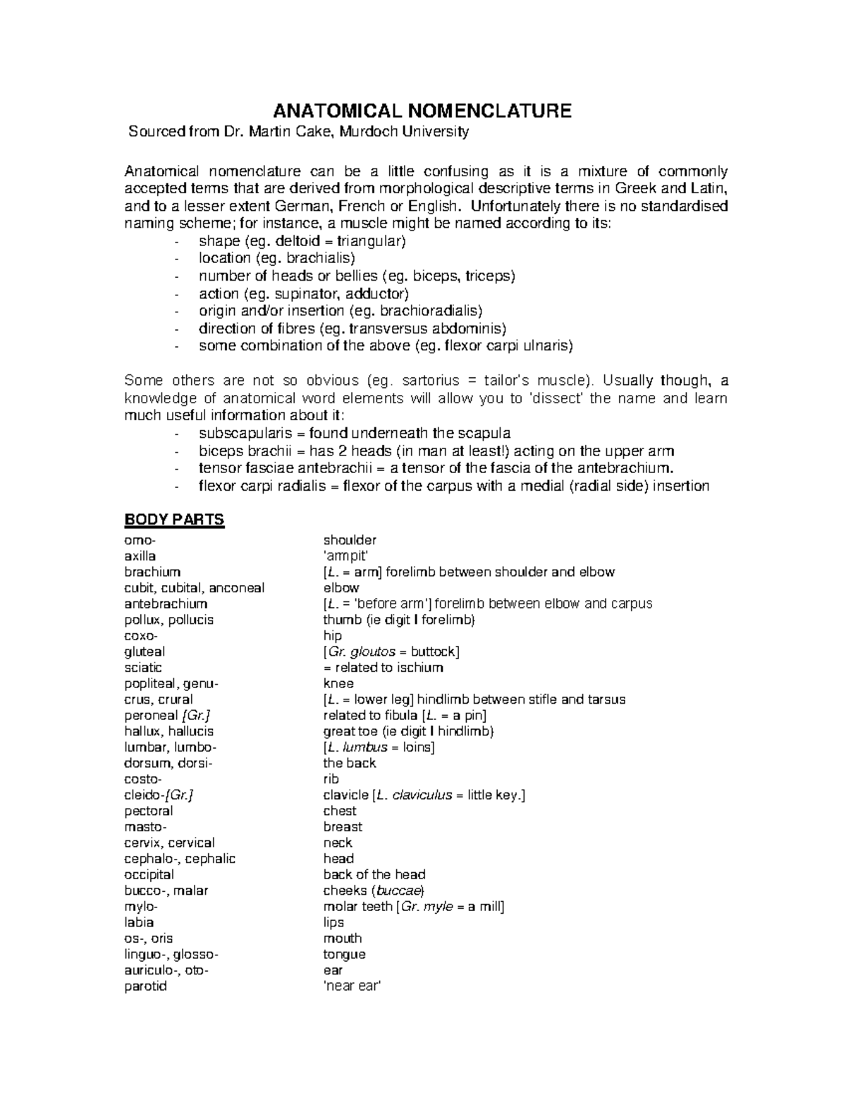 Anatomical Nomenclature - ANATOMICAL NOMENCLATURE Sourced from Dr ...