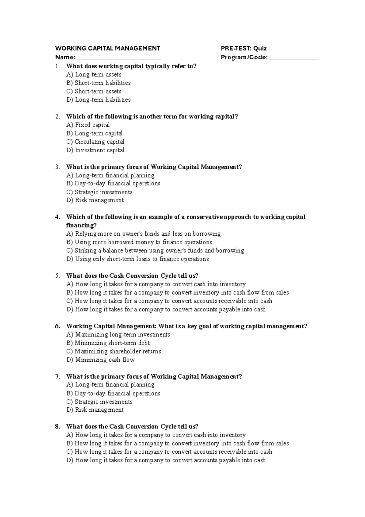 Day 2 Post Test- finman - WORKING CAPITAL MANAGEMENT PRE-TEST: Quiz ...