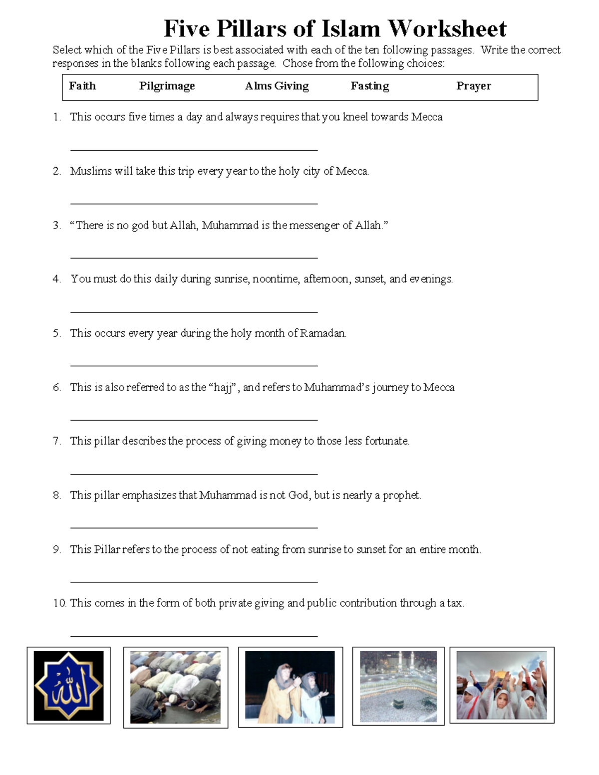 5 Pillars - Matching - This is a worksheet for Islam. - Five Pillars of ...
