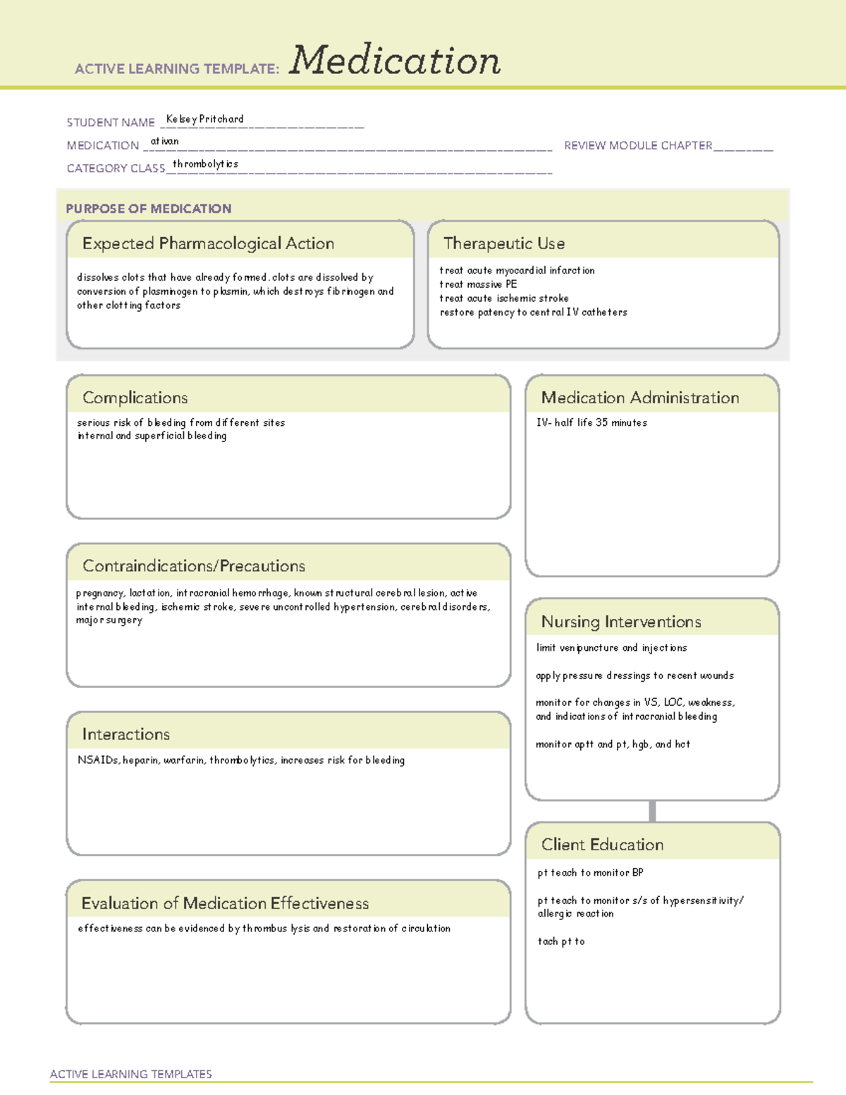 Alteplase med card - ACTIVE LEARNING TEMPLATES Medication STUDENT NAME ...