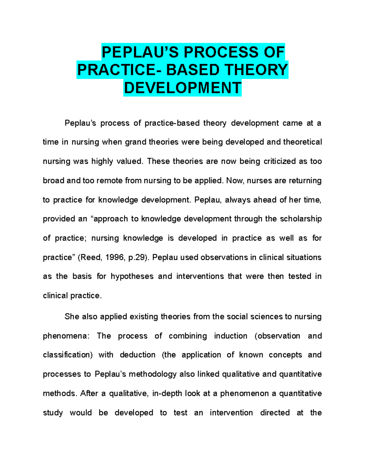 Peplau’s process of practice-based theory development - PEPLAU’S ...