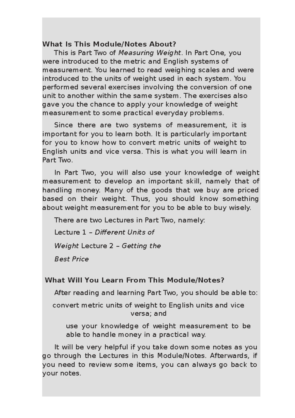 Measuring Weight Module B - Lecture notes 1-3 - What Is This Module ...