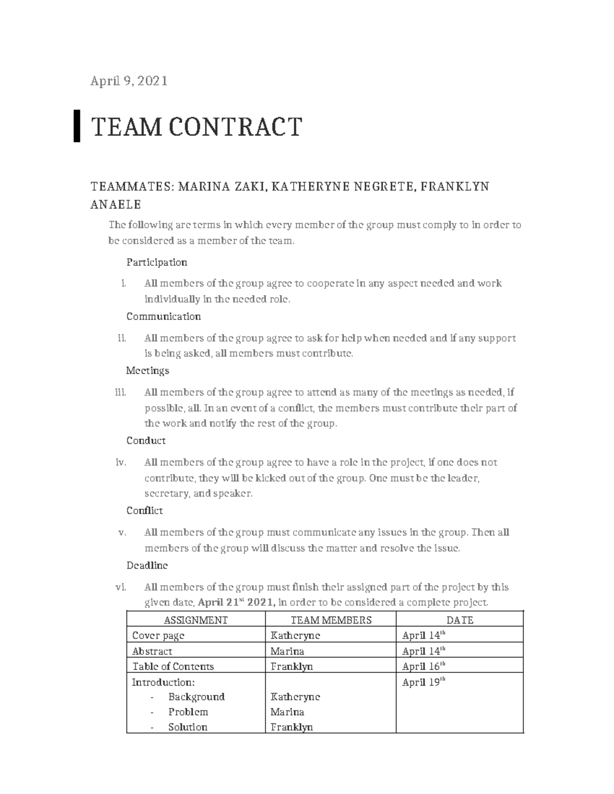 Team contract copy - N.A. - April 9, 2021 TEAM CONTRACT TEAMMATES ...