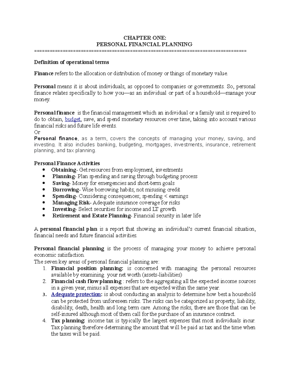 personal finance - CHAPTER ONE: PERSONAL FINANCIAL PLANNING - Studocu