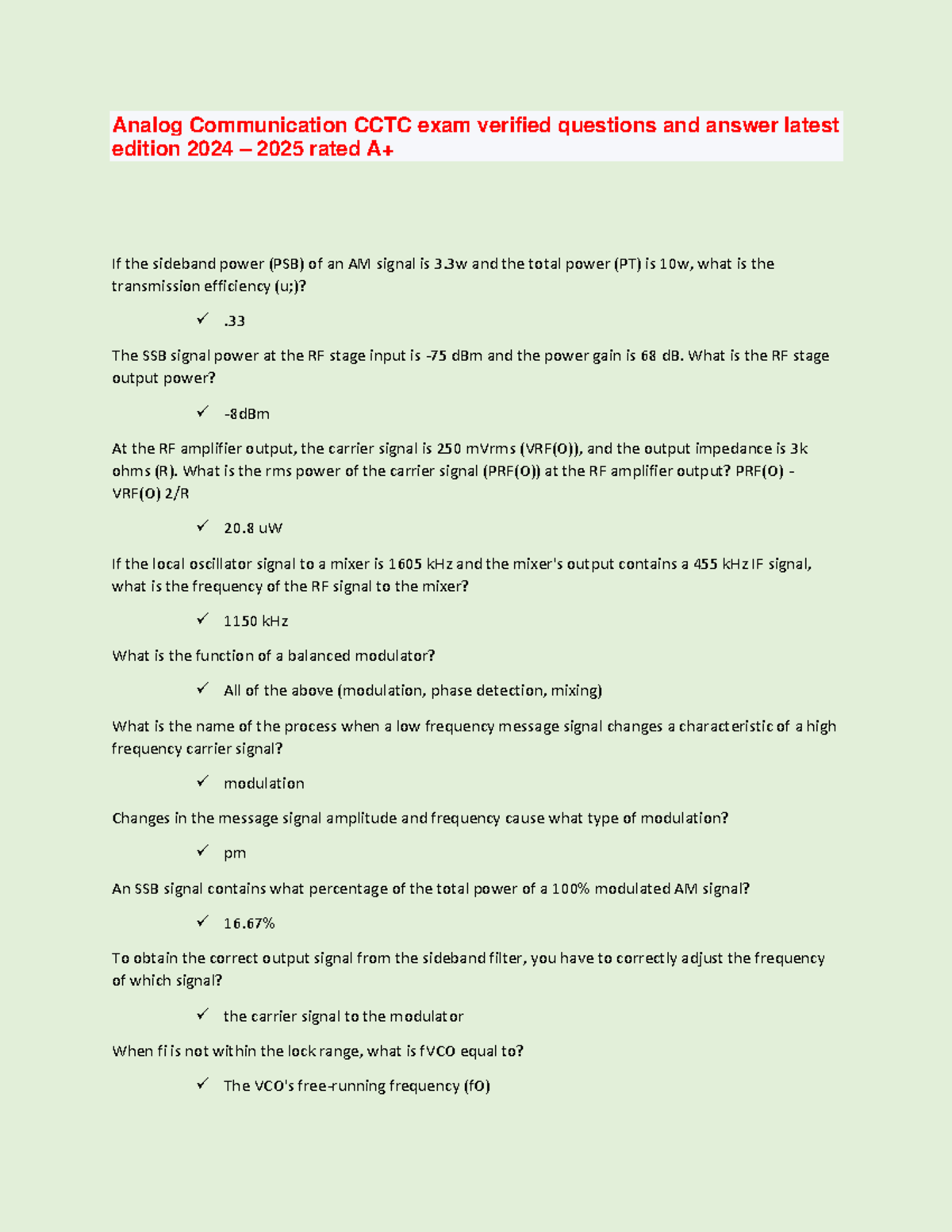 Analog Communication CCTC exam verified questions and answer latest ...