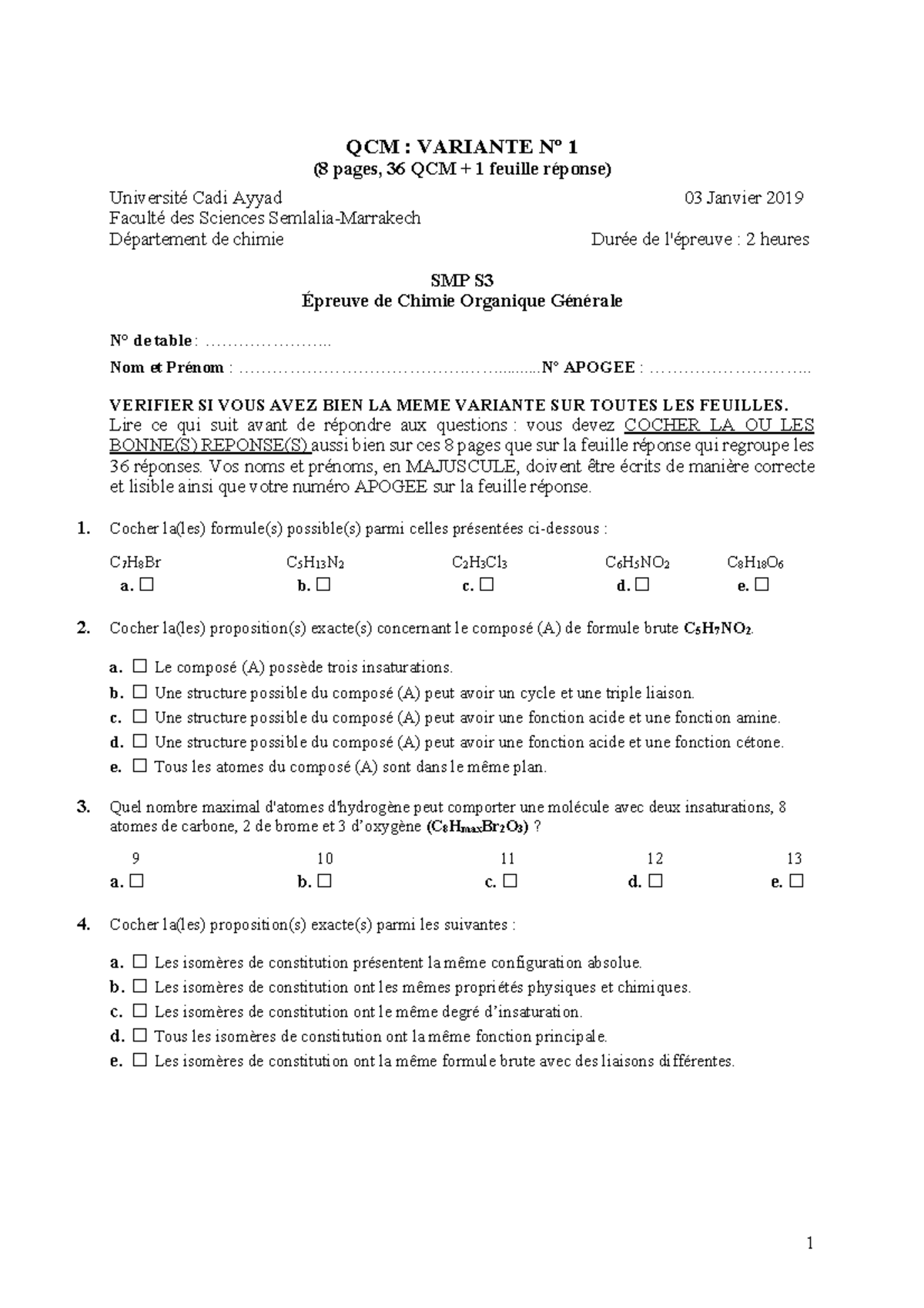 Les Contrôles organique(2016 ==2019 ) - QCM : VARIANTE Nº 1 (8 pages, 36 QCM + 1 feuille réponse ...