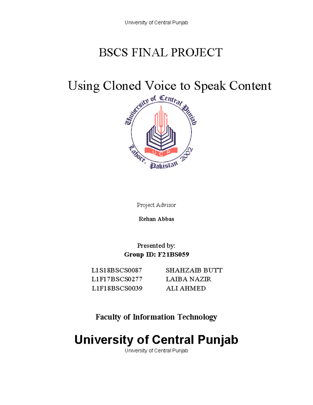VC Phase 1 - University of Central Punjab BSCS FINAL PROJECT Using Cloned Voice to Speak Content ...