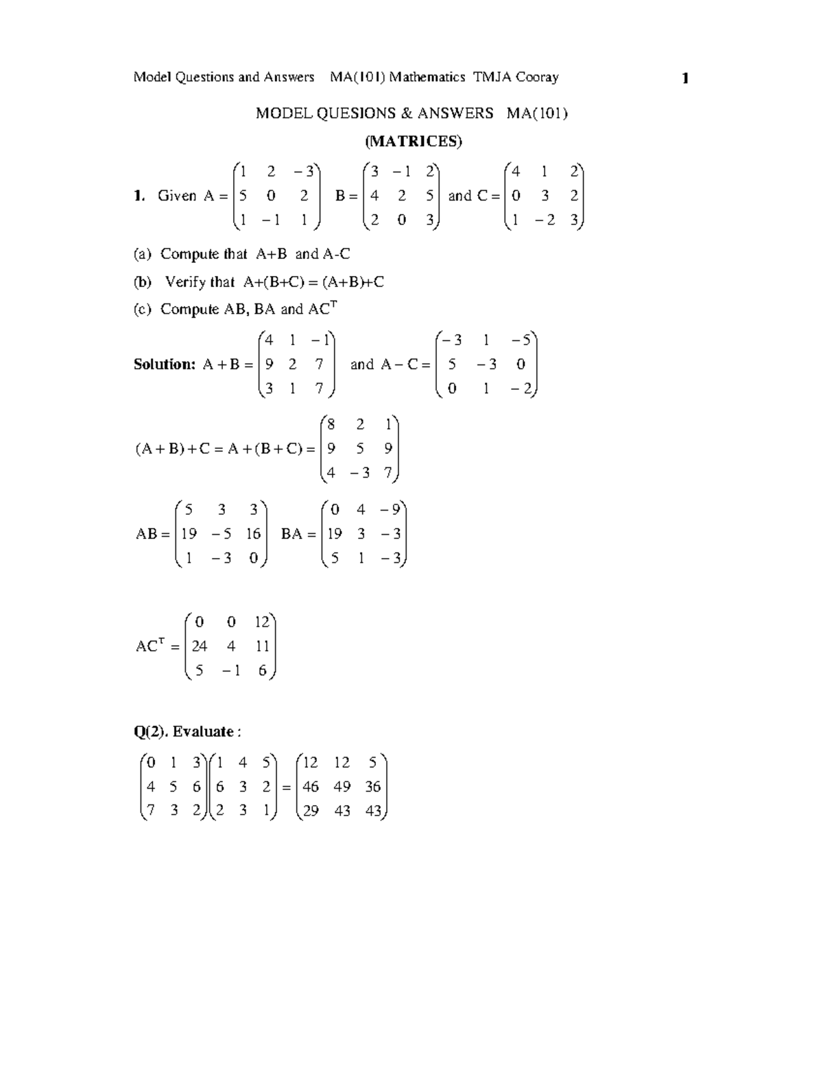 Model Quesions Matrices - 1 MODEL QUESIONS & ANSWERS MA(101) (MATRICES ...