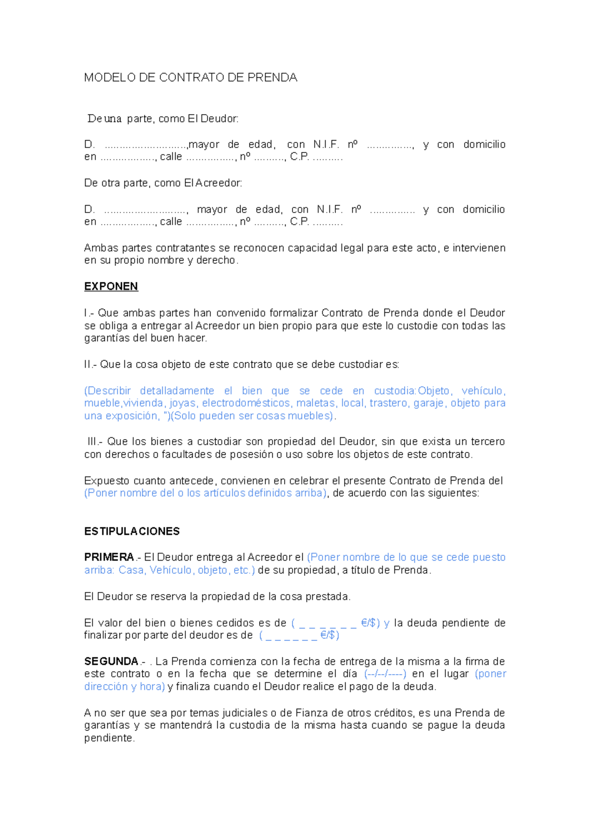 Modelo DE Contrato DE Prenda (1) - MODELO DE CONTRATO DE PRENDA De una ...