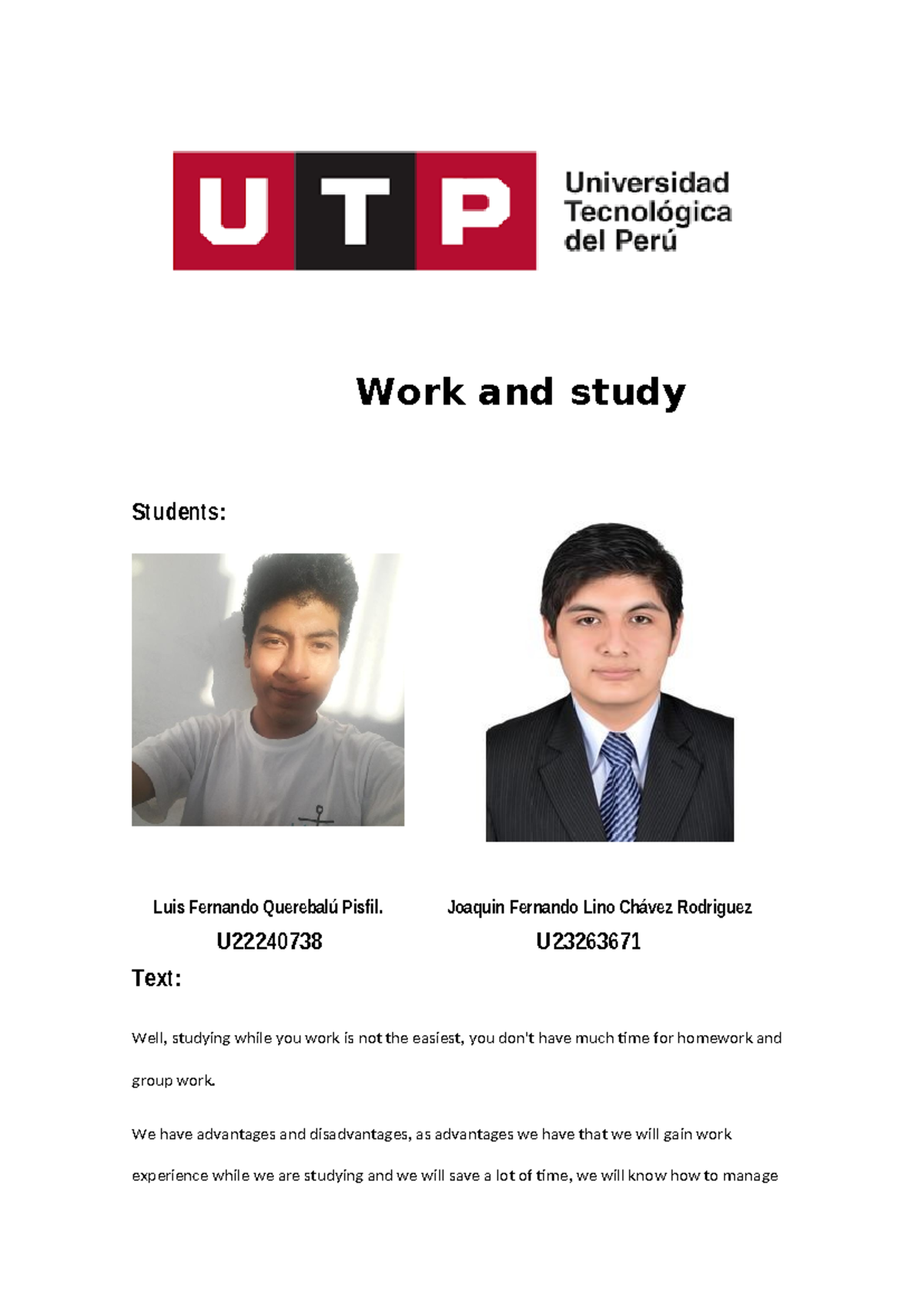 Inglés IV tarea smana 4 - Ingles IV - Work and study Students: Luis Fernando Querebalú Pisfil ...