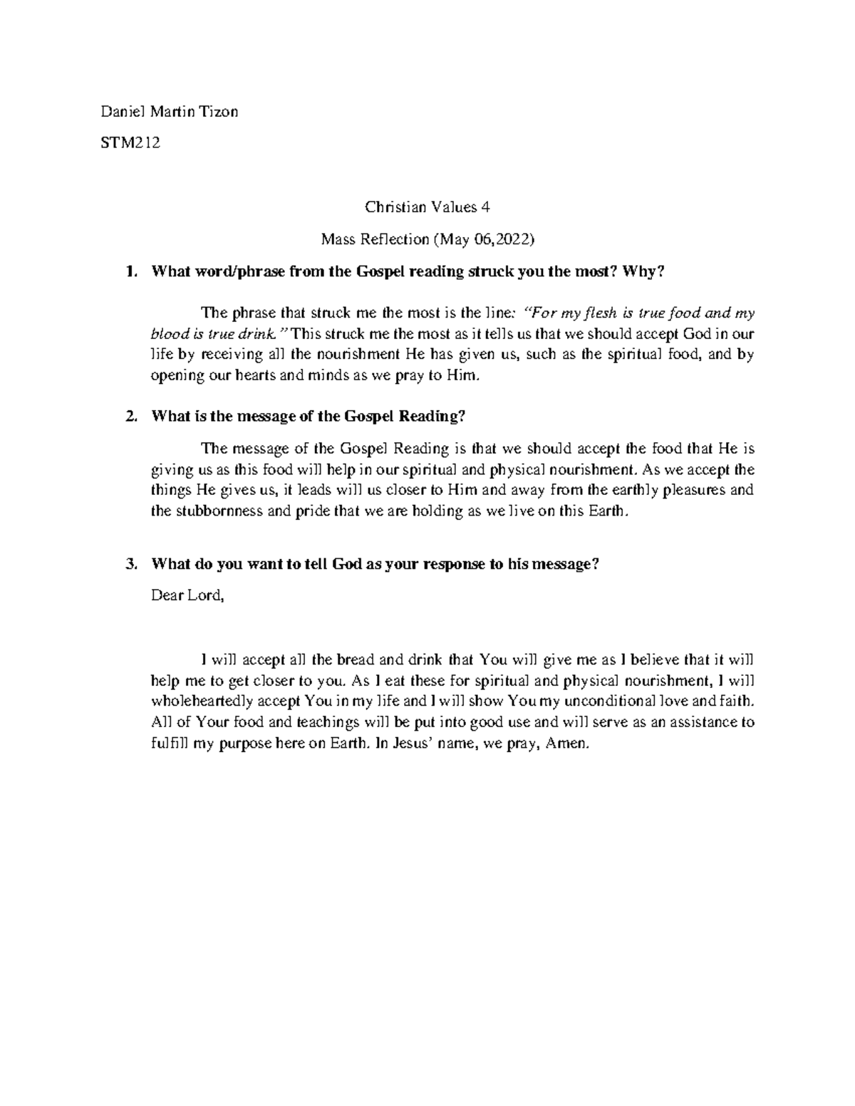 CHV4-Mass Reflection - Daniel Martin Tizon STM Christian Values 4 Mass ...