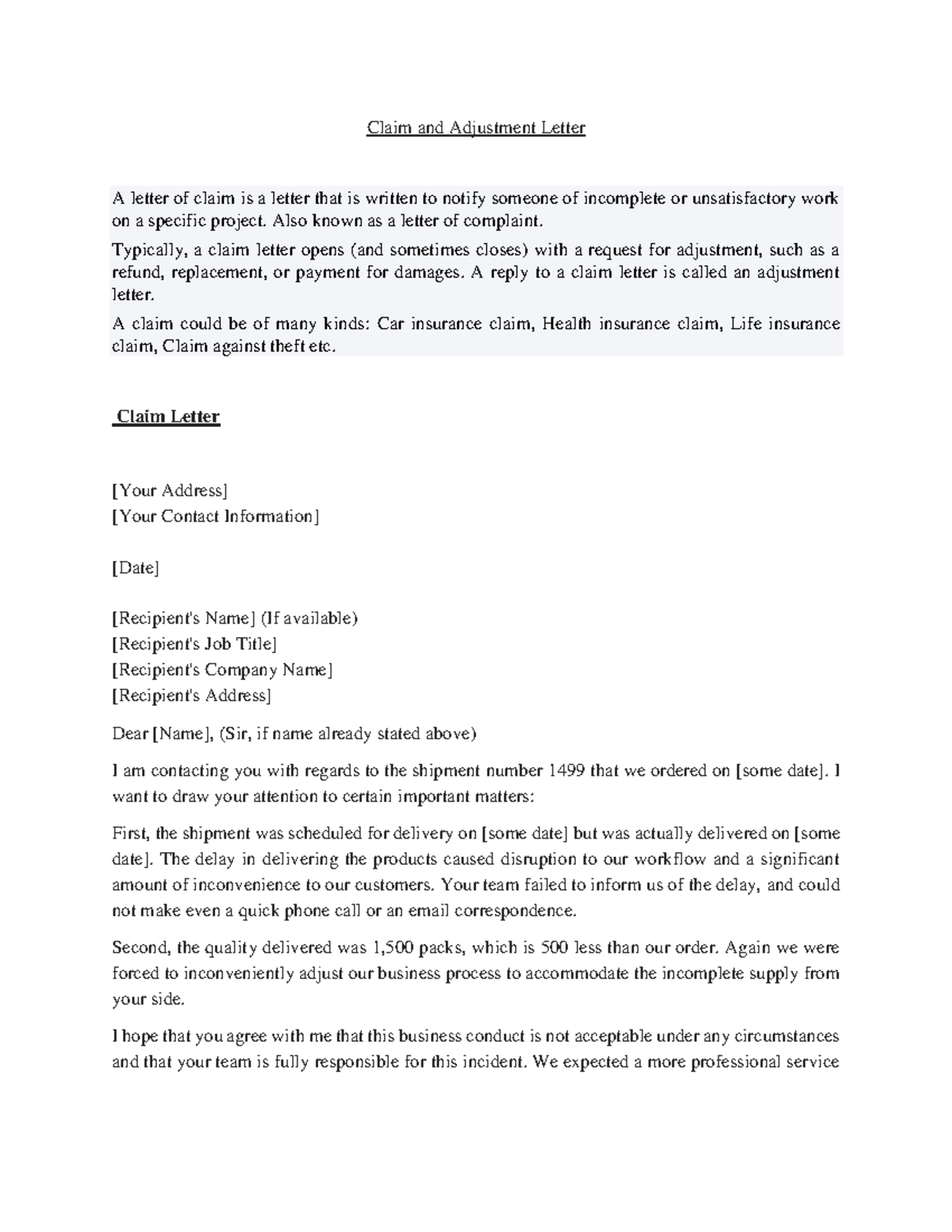 Claim and Adjustment Letter - Also known as a letter of complaint ...