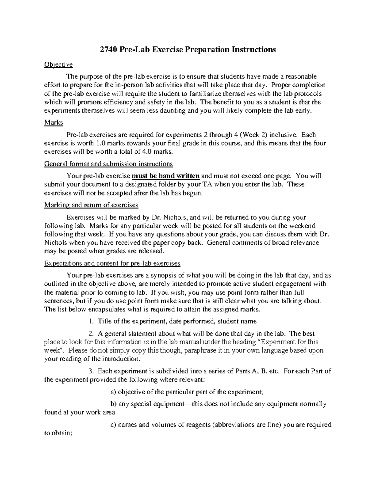 Pre-Lab Exercise Instructions 2740 - Chem 2470 - U of M - Studocu
