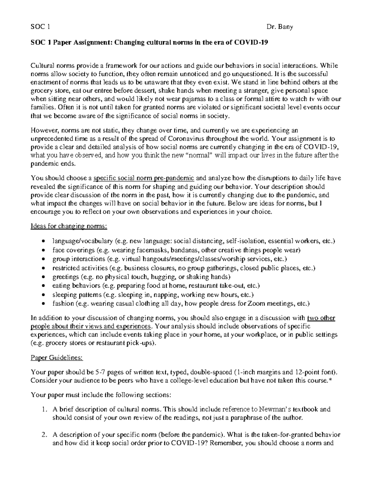 SOC 1 Paper Assignment Guidelines - SOC 1 Dr. Bany SOC 1 Paper ...