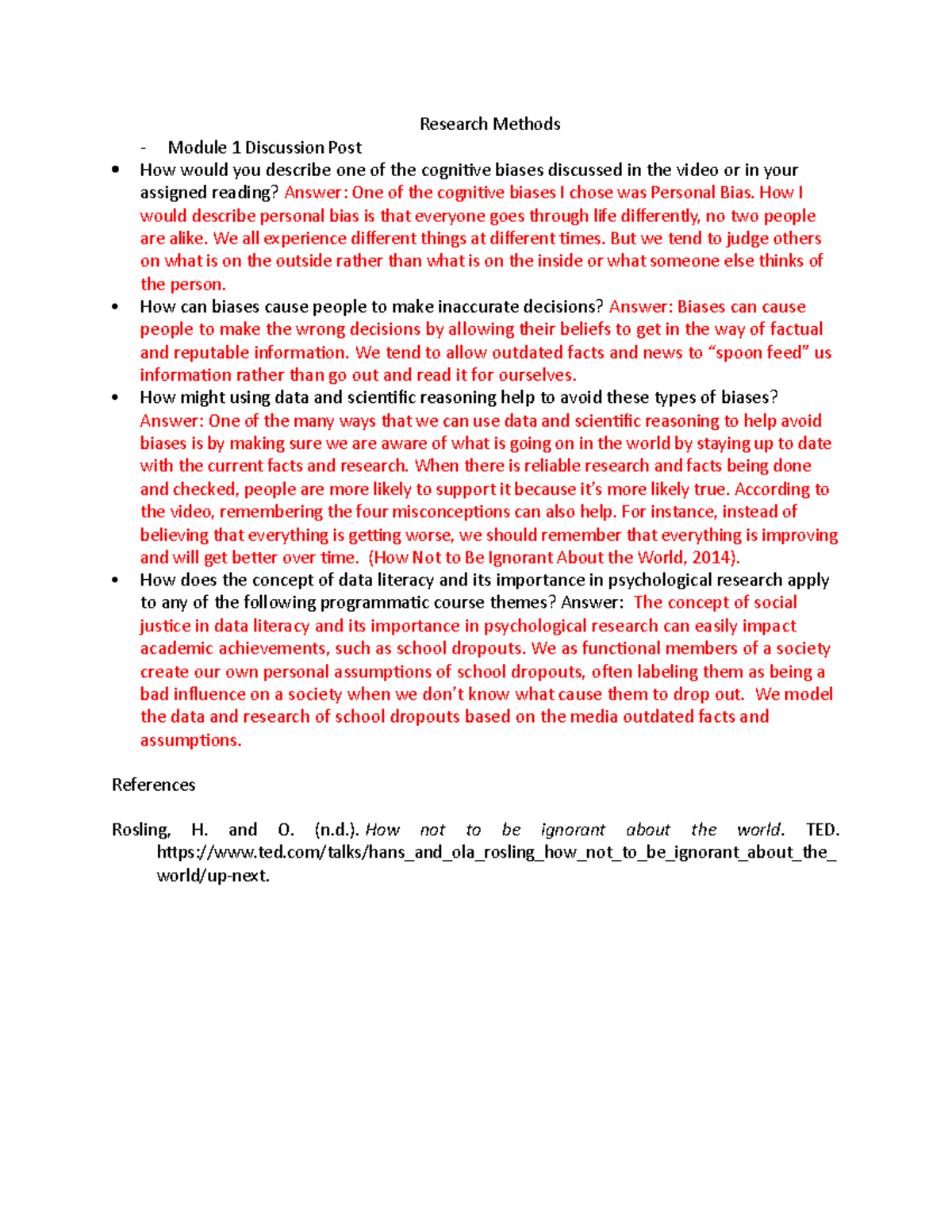 Discussion Posts for Research Method Module 1 - Research Methods Module ...