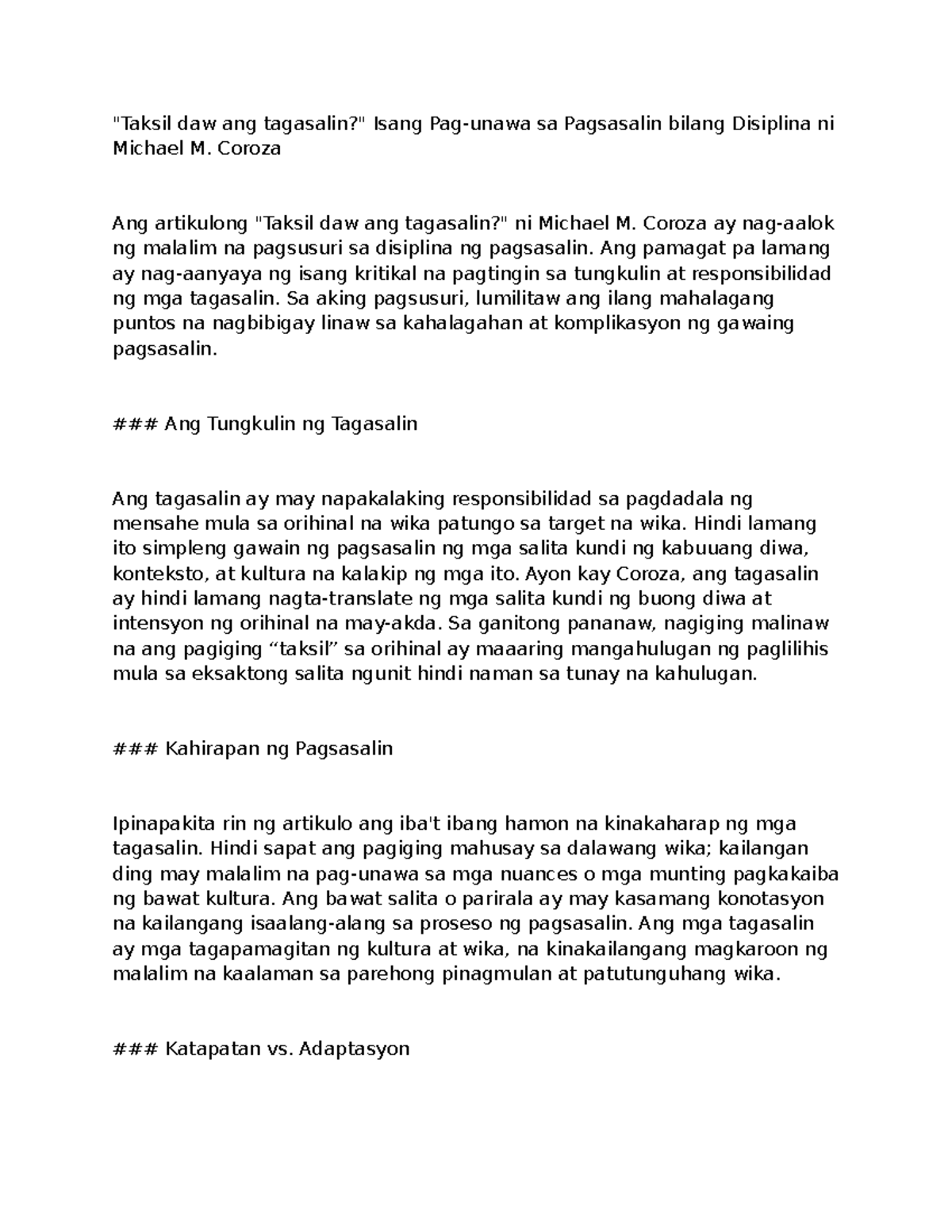 Taksil daw ang tagasalin - "Taksil daw ang tagasalin?" Isang Pag-unawa ...