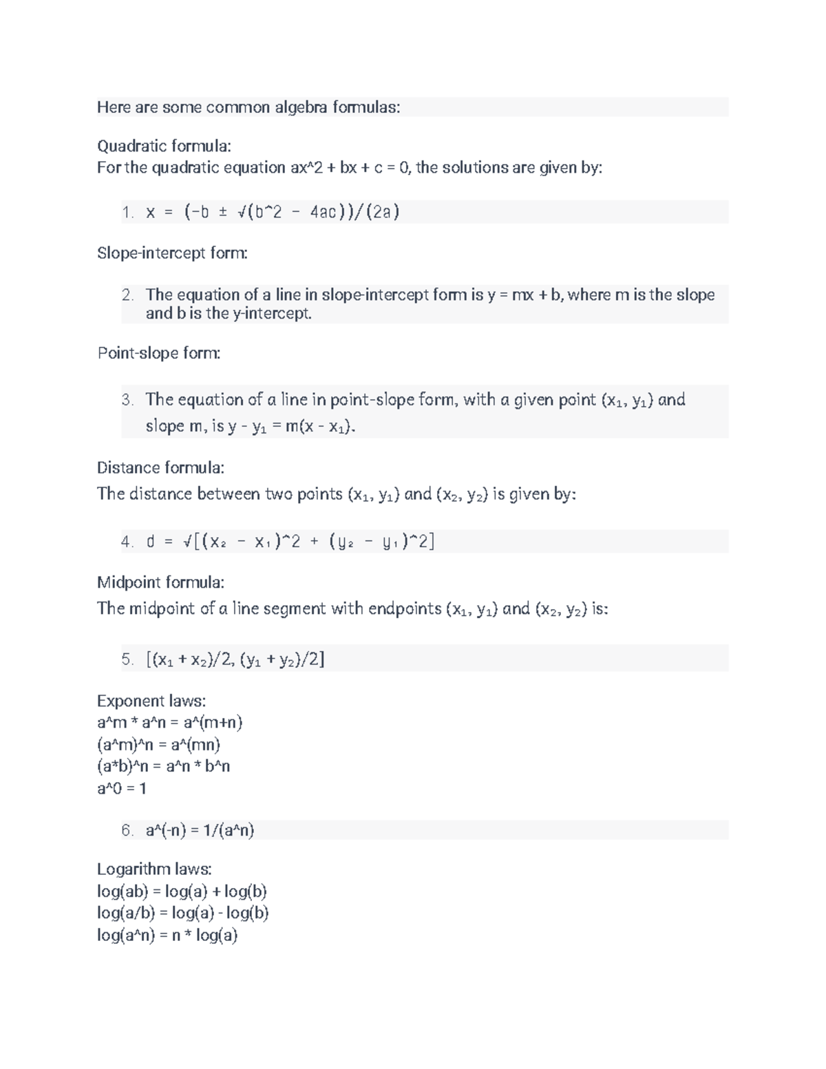 Algebra formulas - Here are some common algebra formulas: Quadratic ...