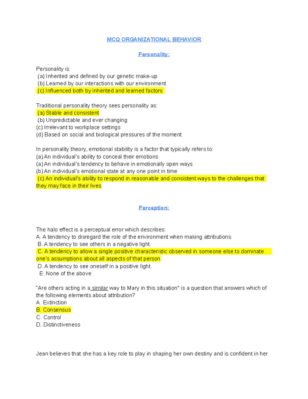 MCQ Organizational Behavior - MCQ ORGANIZATIONAL BEHAVIOR Personality ...