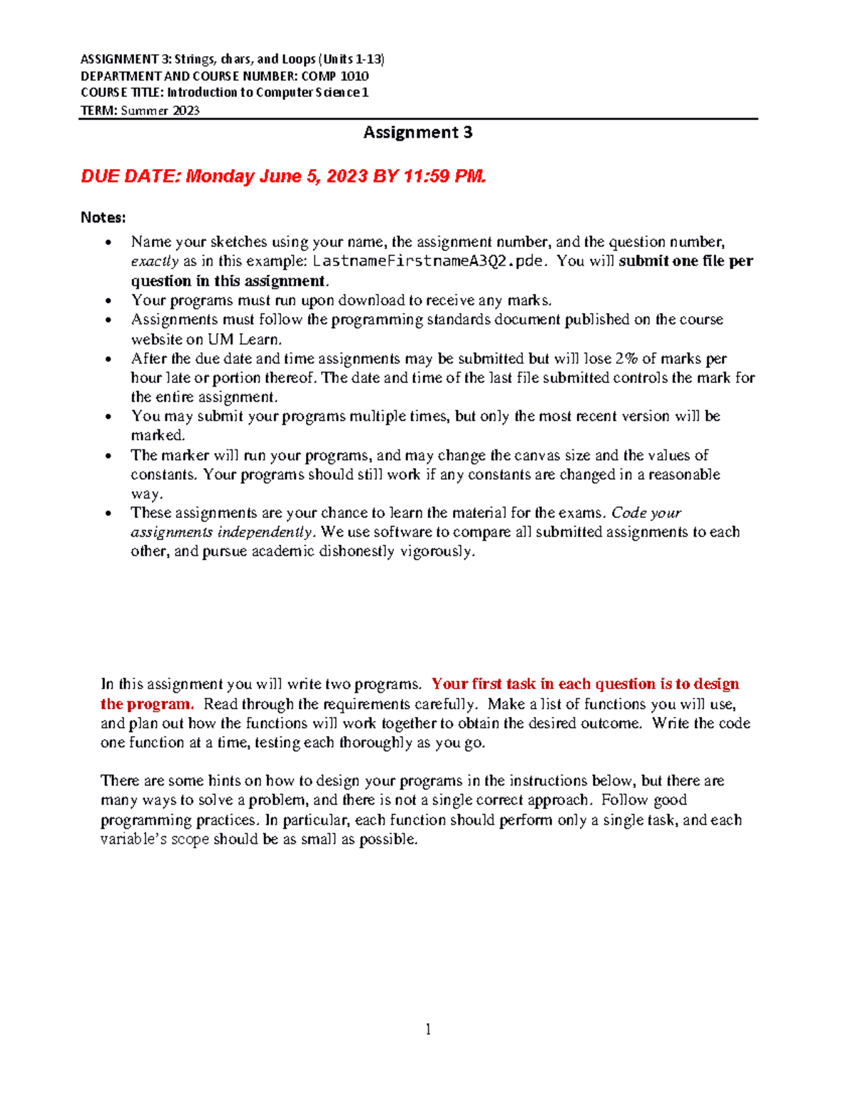 Assignment 3-COMP1010-Summer 2023 - ASSIGNMENT 3: Strings, chars, and Loops (Units 1-13 ...
