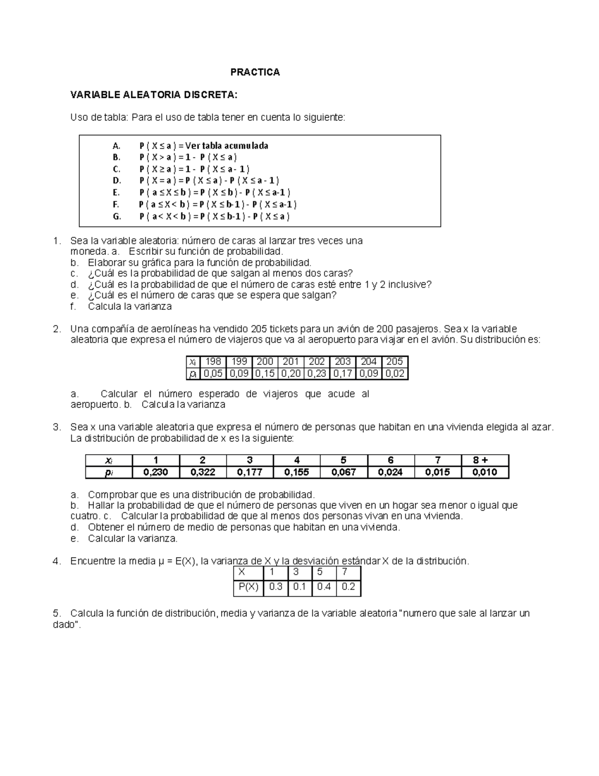 Practica Variable Aleatoria Discreta - PRACTICA VARIABLE ALEATORIA DISCRETA: Uso de tabla: Para ...