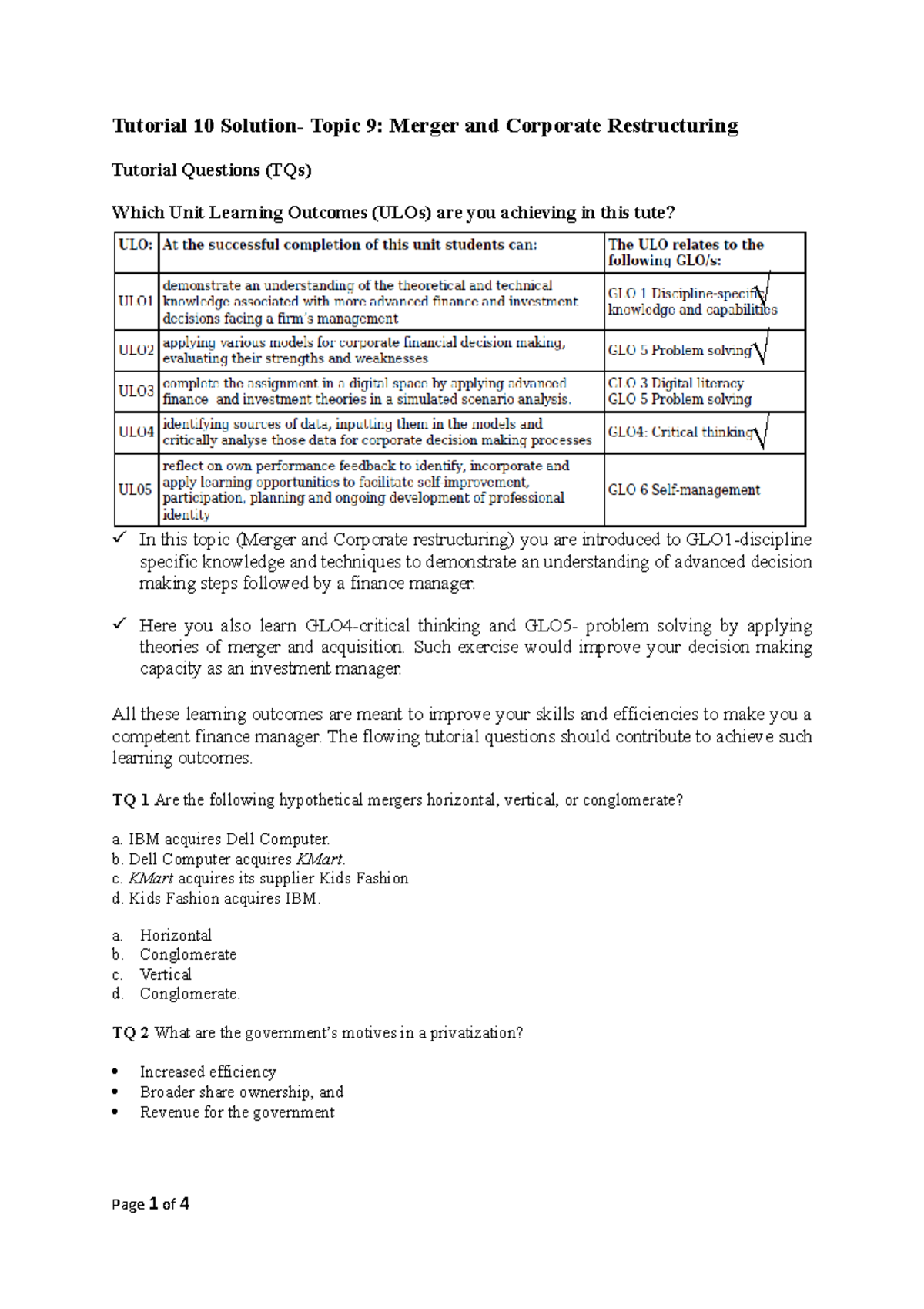 Tutorial 10 Solution MAF302 - Tutorial 10 Solution- Topic 9: Merger and ...