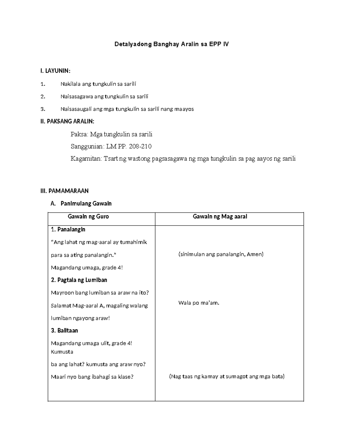EPP-DLP - LESSON - Detalyadong Banghay Aralin sa EPP IV I. LAYUNIN: Nakilala ang tungkulin sa ...