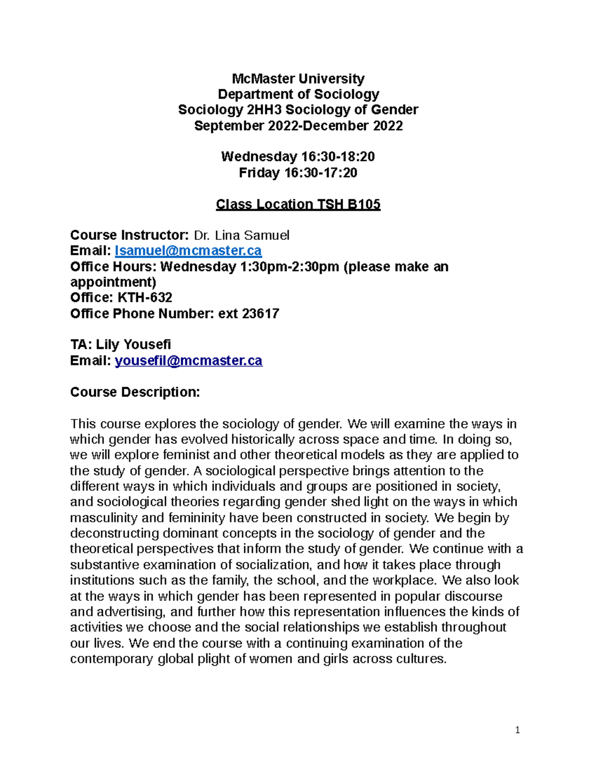 Sociol 2HH3, Fall 2022, Lina Samuel - 1 McMaster University Department ...