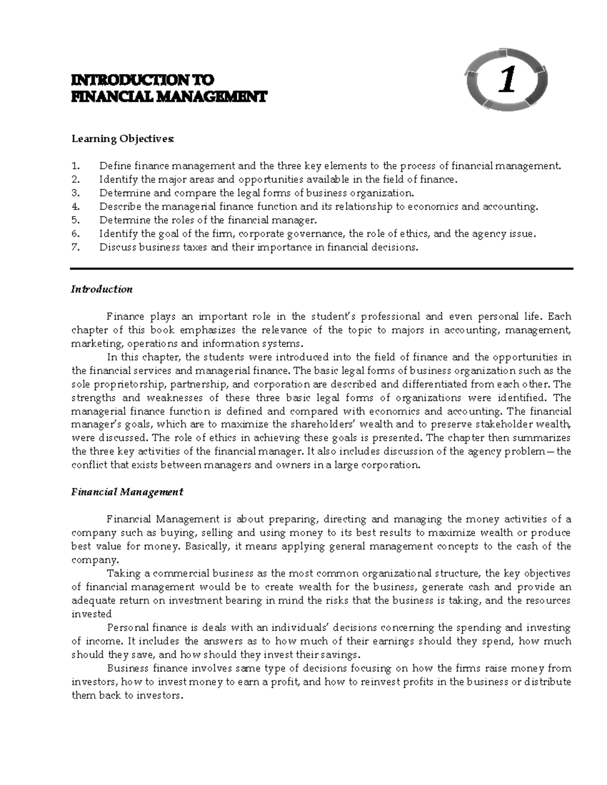 Introduction to Financial Management - Learning Objectives: Define ...