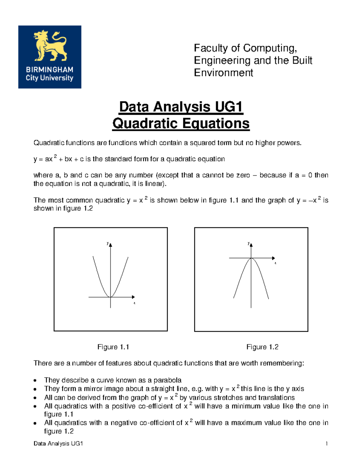 Quadratic Equations - Faculty of Computing, Engineering and the Built ...