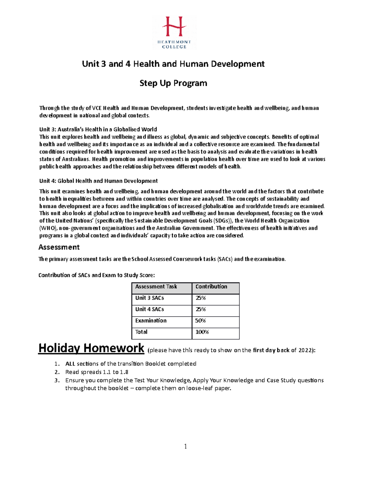 Unit 3 HHD Orientation Booklet - Unit 3 and 4 Health and Human ...