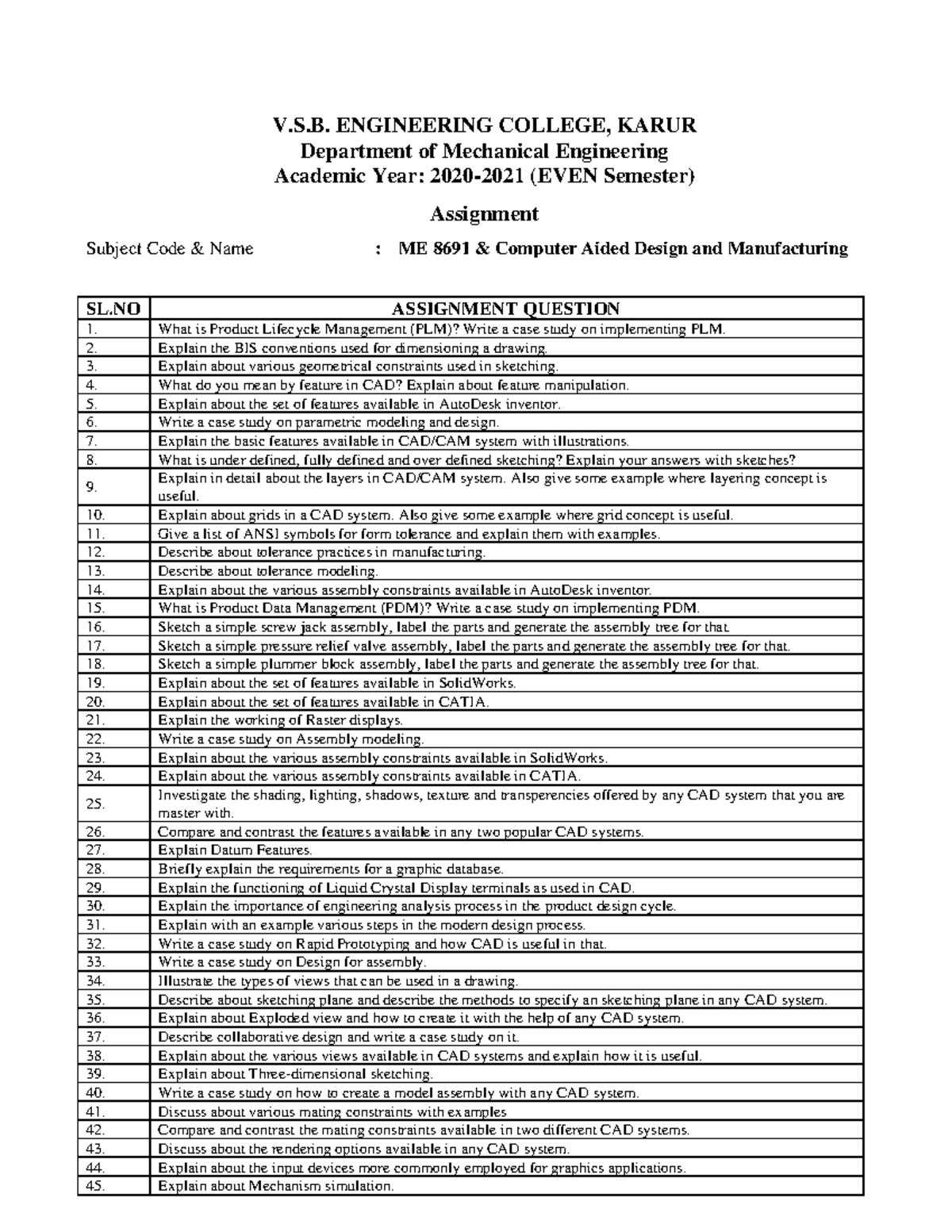 Mech Assignment Questions VI Sem - V.S. ENGINEERING COLLEGE, KARUR ...