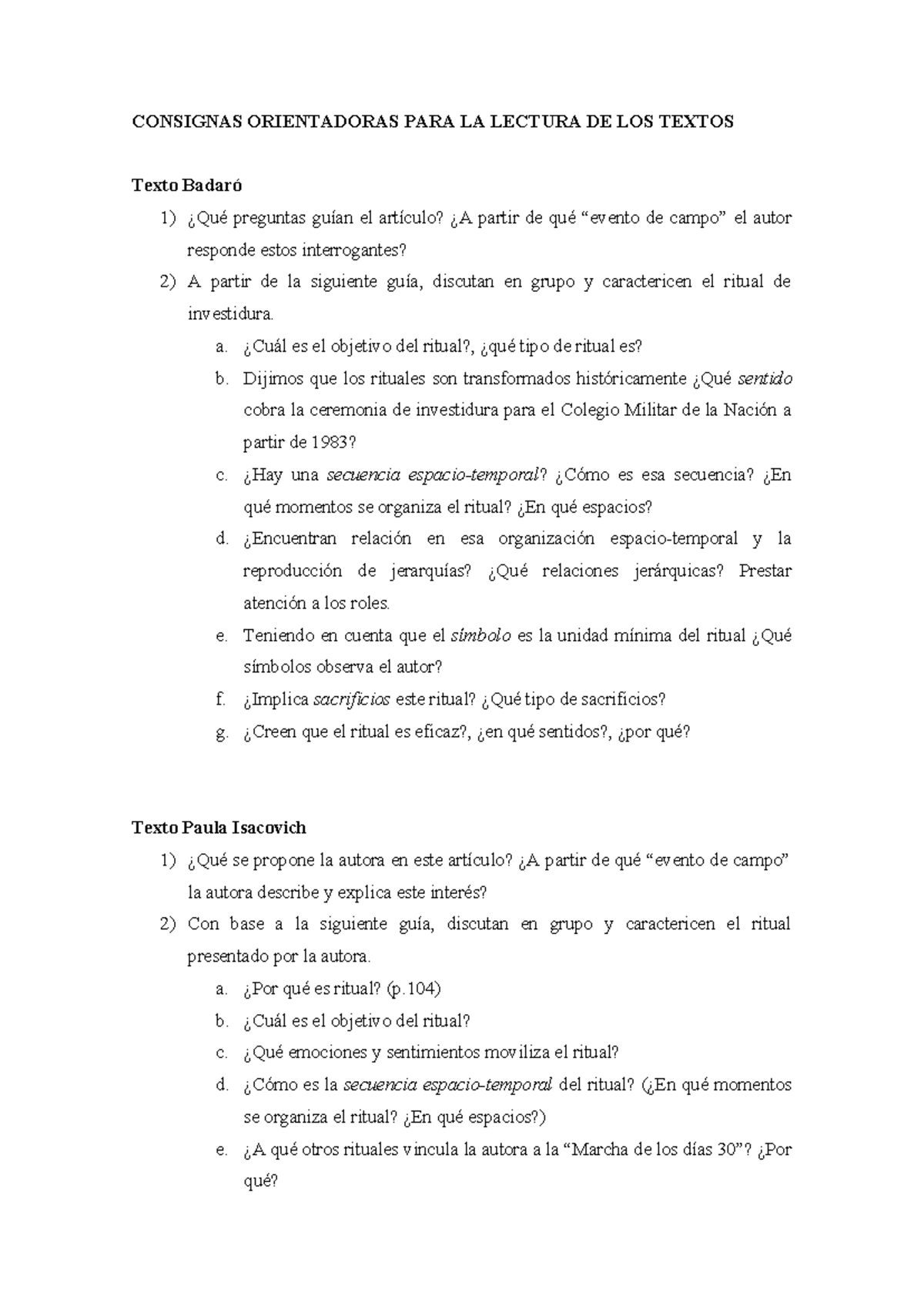 Guía de preguntas Rituales - CONSIGNAS ORIENTADORAS PARA LA LECTURA DE ...