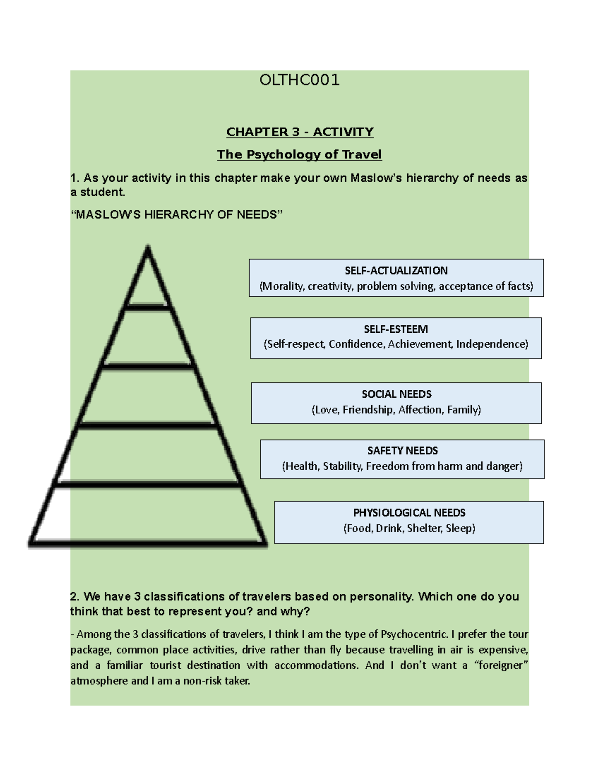 Olthc 001 Activity 3 - CHAPTER 3 - OLTHC CHAPTER 3 - ACTIVITY The ...