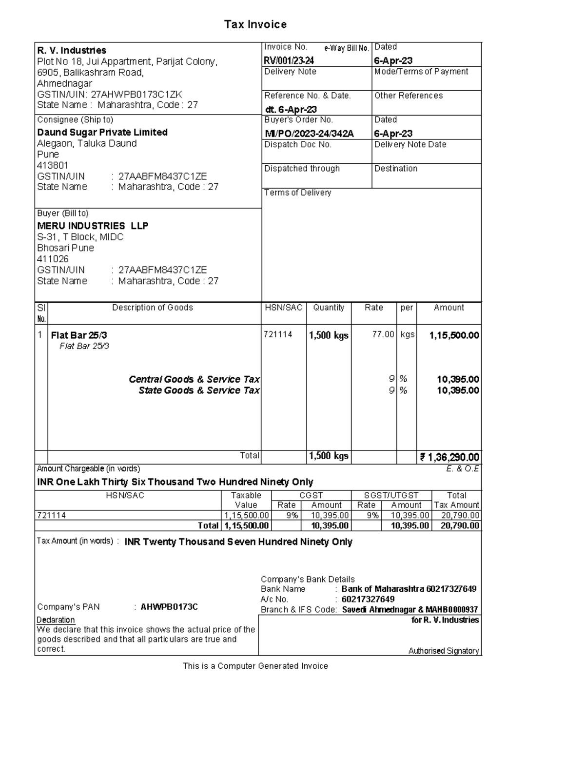 001 - Tax Invoice R. V. Industries Plot No 18, Jui Appartment, Parijat Colony, 6905, Balikashram ...