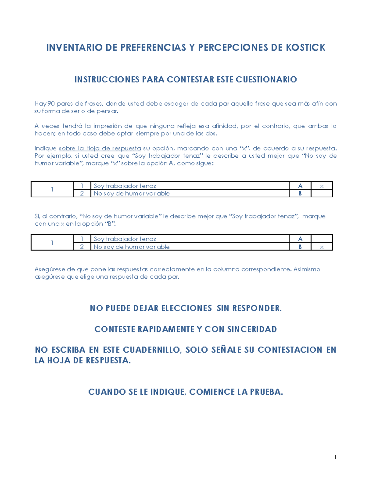 Kostick- Cuadernillo - 1 INVENTARIO DE PREFERENCIAS Y PERCEPCIONES DE ...