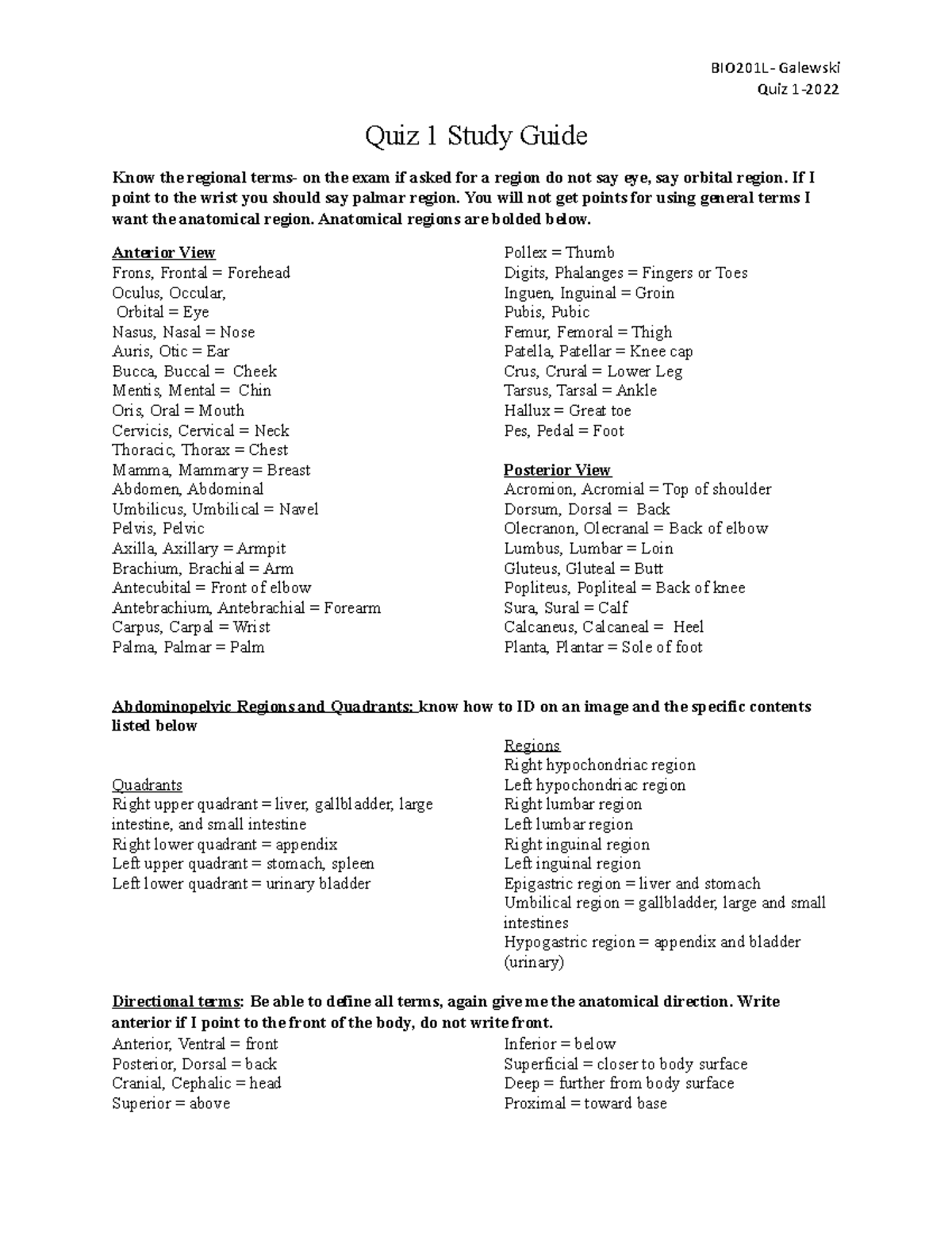 Quiz 1 study guide F22 - term list - Quiz 1- Quiz 1 Study Guide Know ...