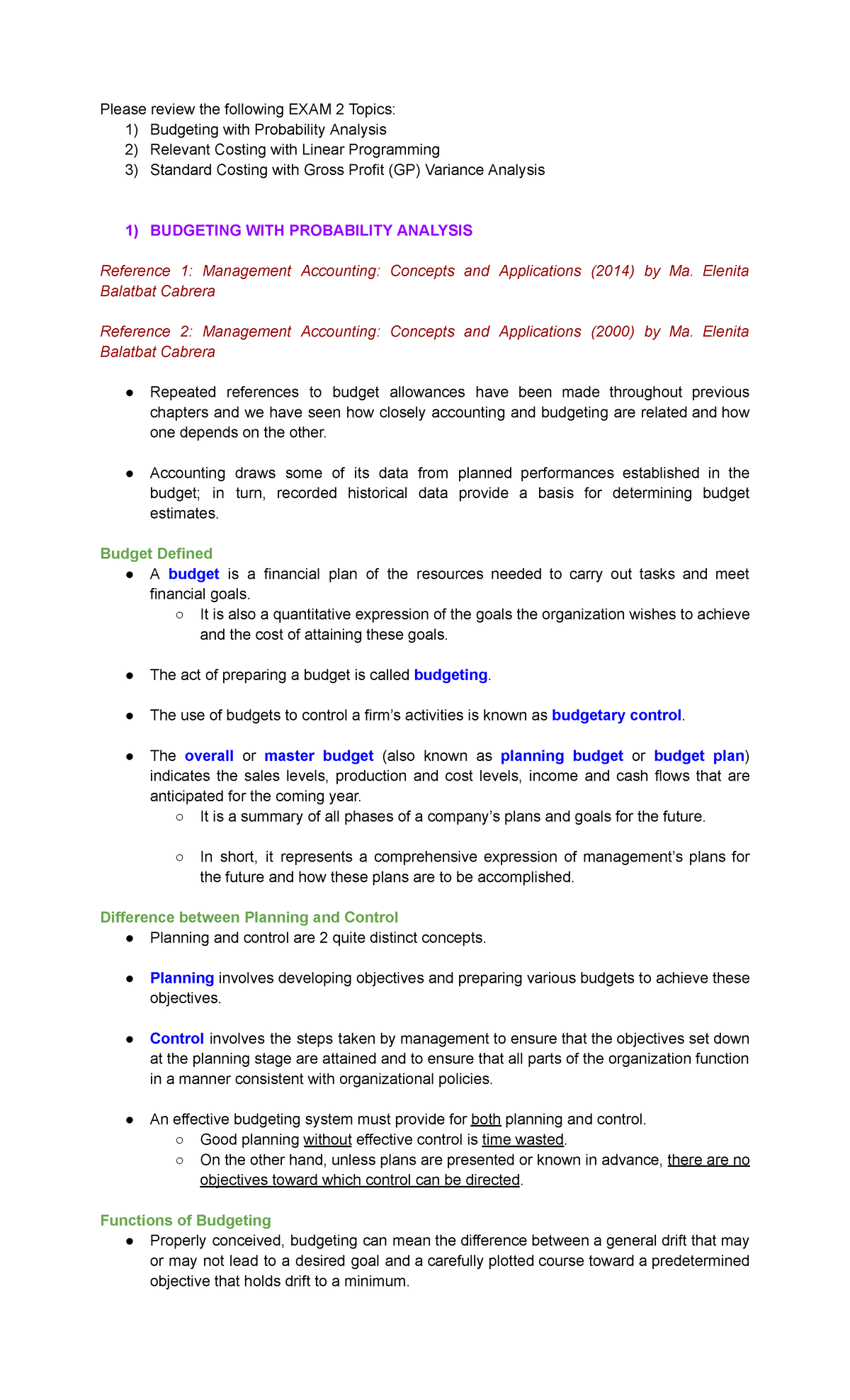 MAS EXAM #2 Topics - Budgeting with Probability Analysis Relevant ...