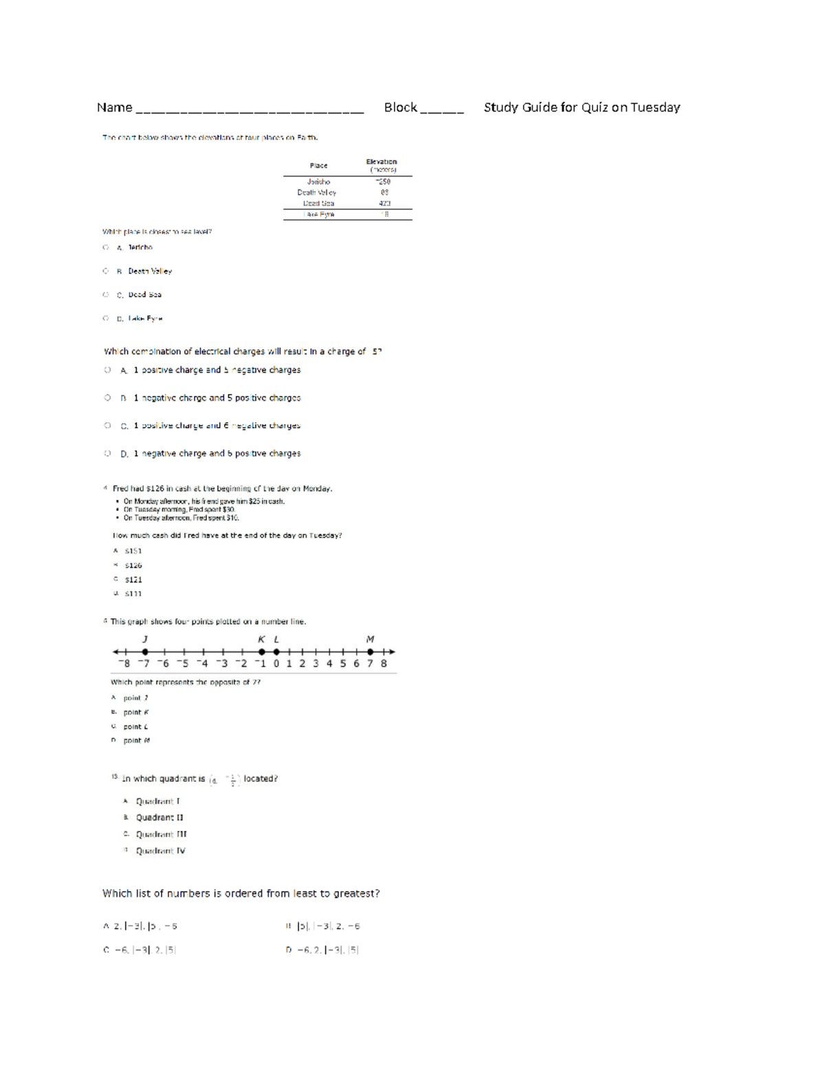 Quiz Study Guide - im ok - Name _______________________________ Block ______ Study Guide for ...
