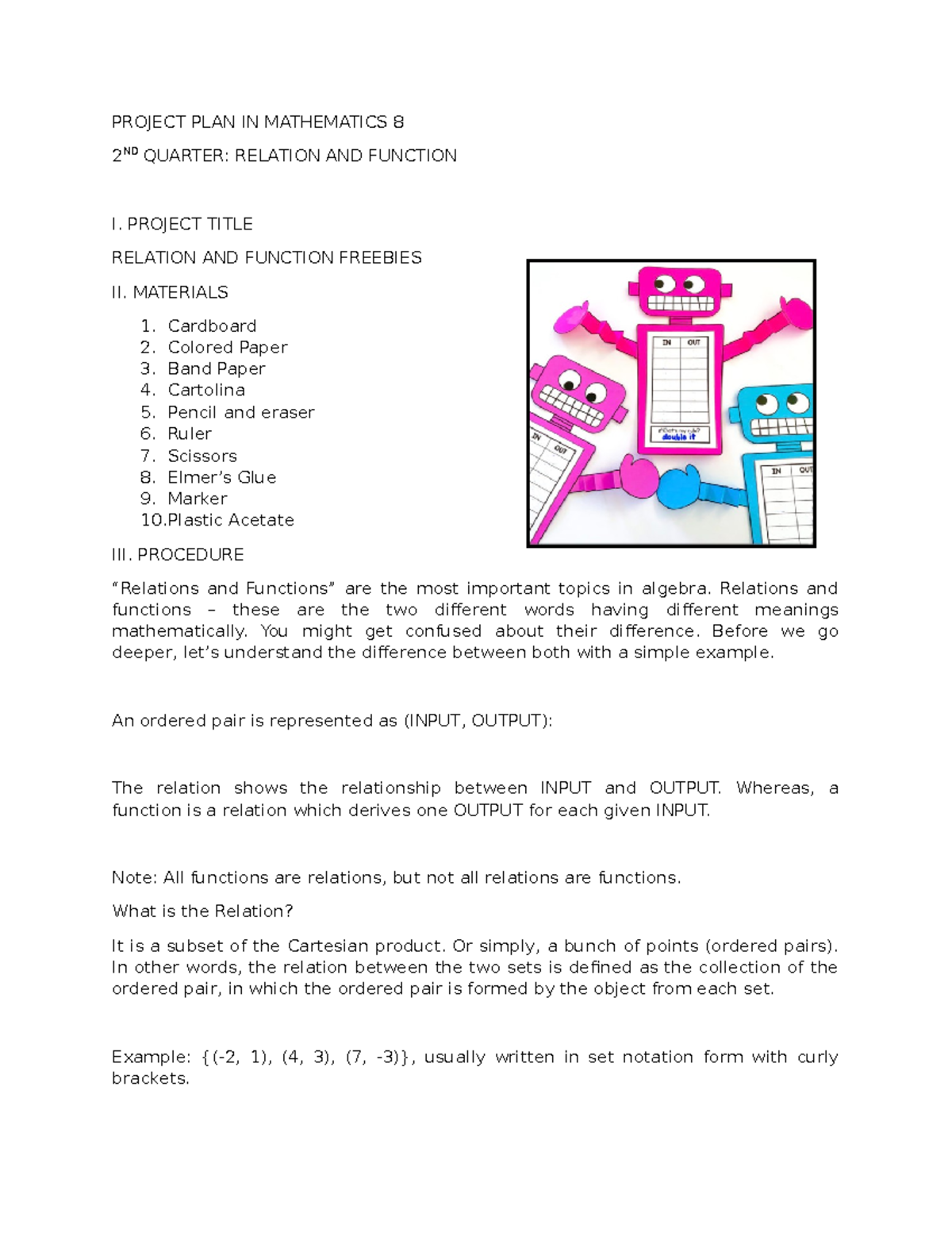 Relation AND Function Freebies - PROJECT PLAN IN MATHEMATICS 8 2 ND ...
