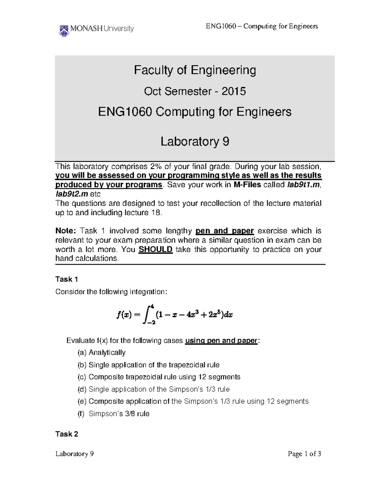 Lab9 Matlab Lab 9 Eng1060 Computing For Engineers Faculty Of Engineering Oct Semester