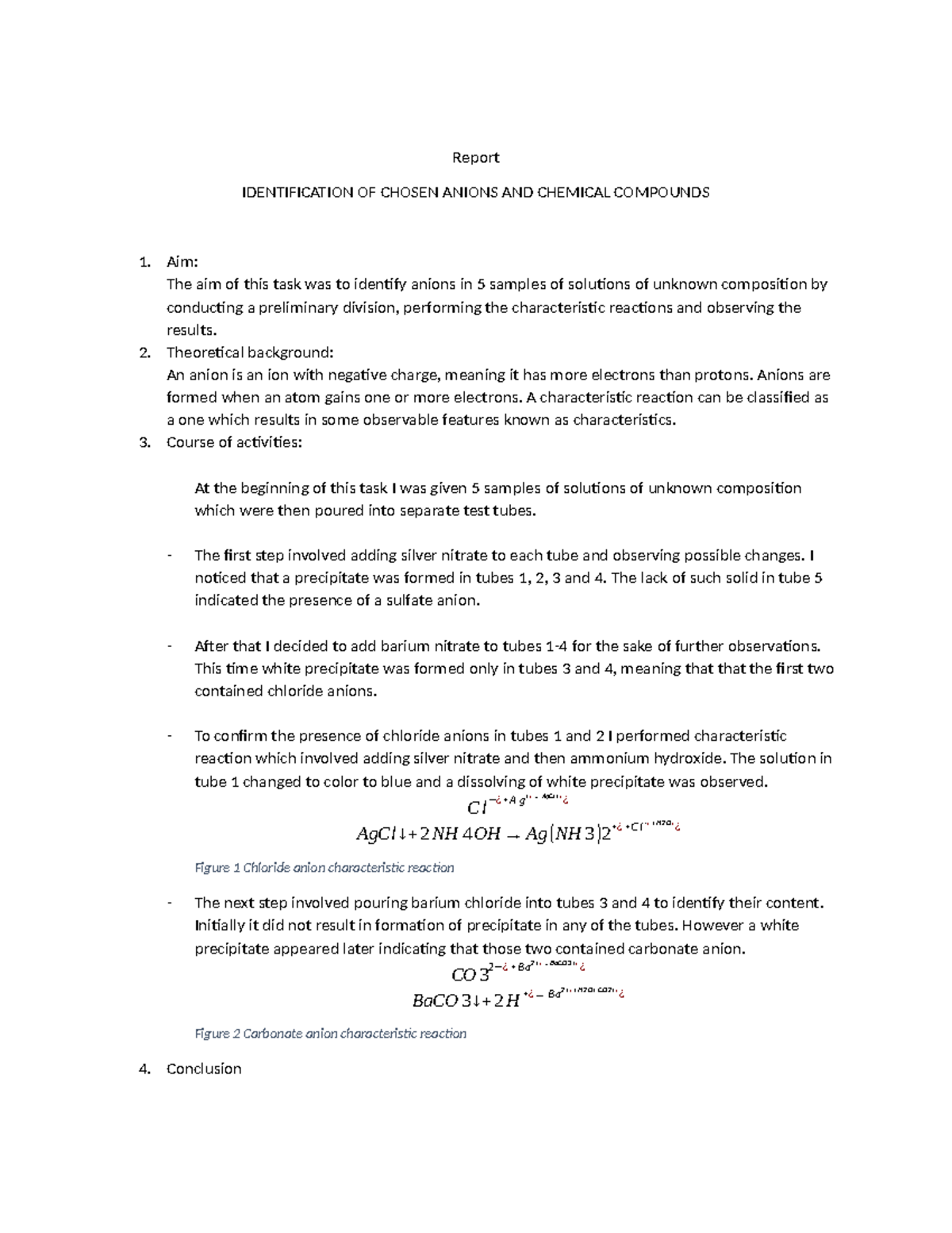 Task5buildingchemistry - Report IDENTIFICATION OF CHOSEN ANIONS AND ...