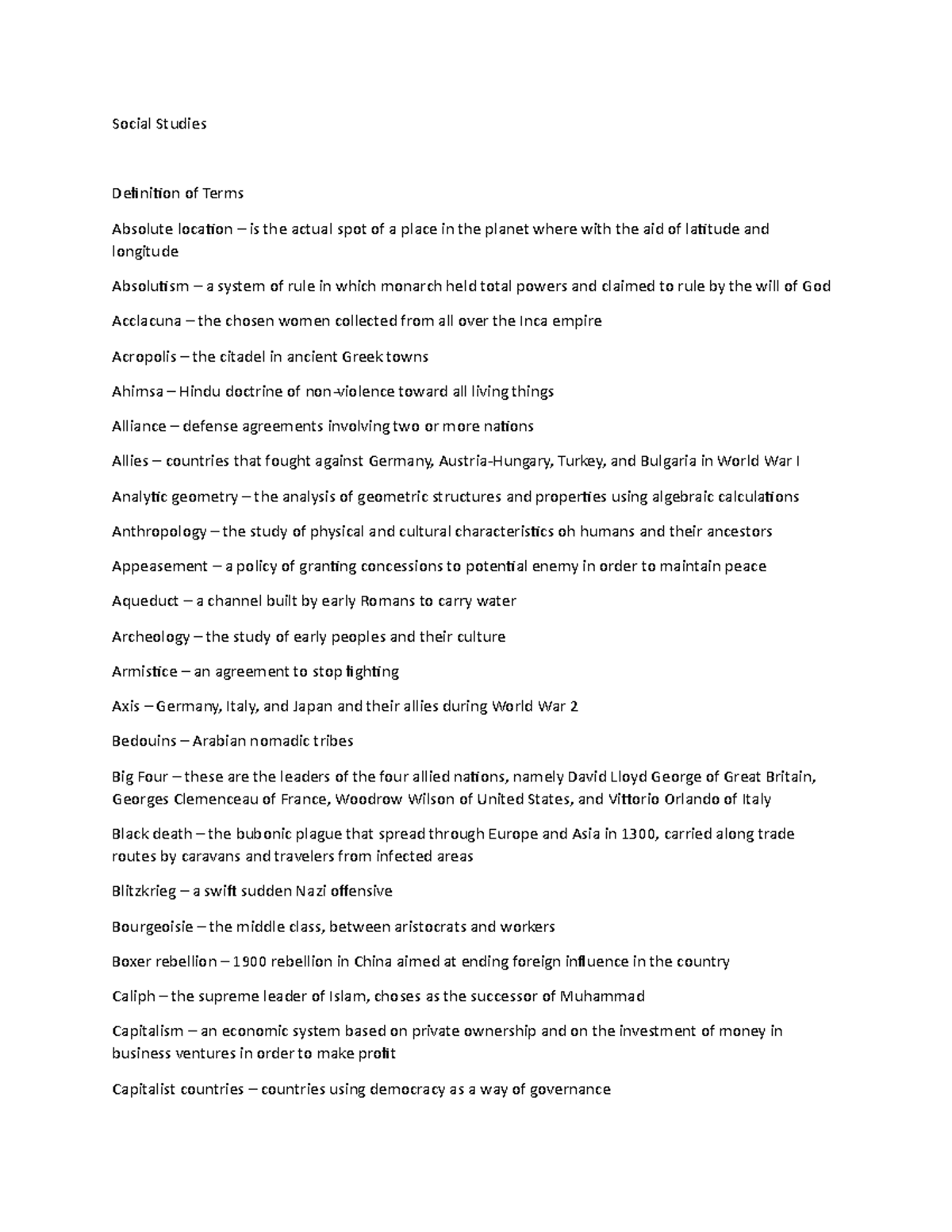 Definition of Terms (A-G) Social Science - World History - Social ...