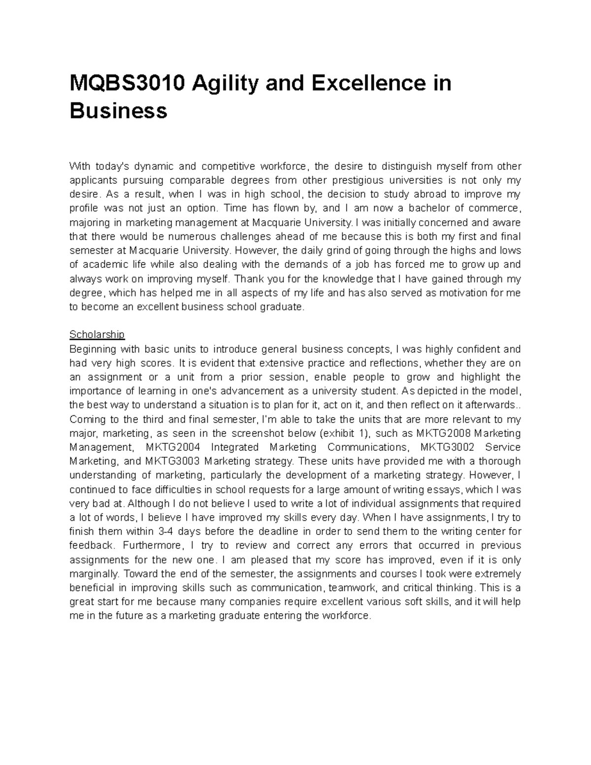 Reflective Essay - MQBS3010 Agility and Excellence in Business With ...