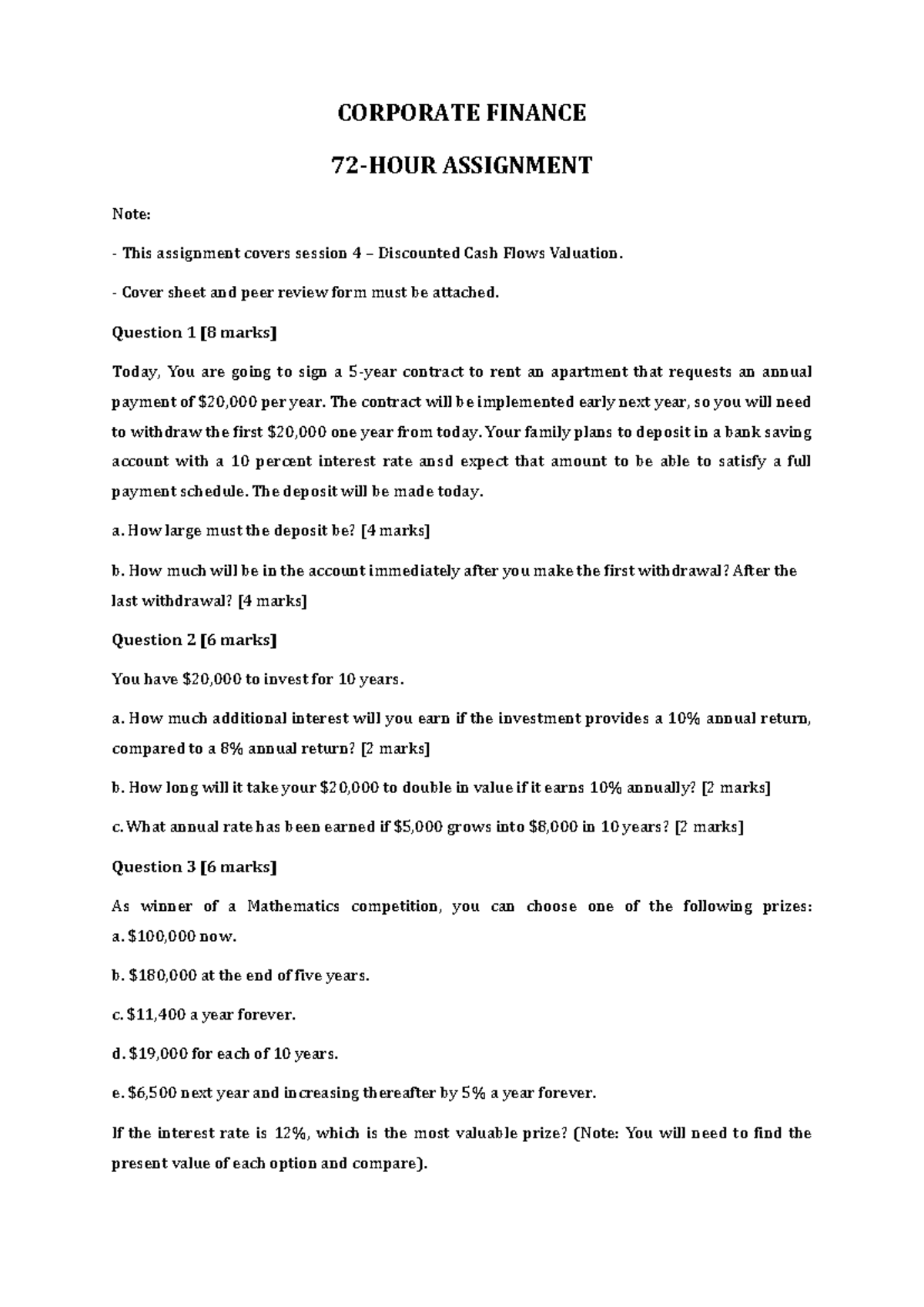 Assignment 1 Note Corporate Finance 72 Hour Assignment Note This 6598