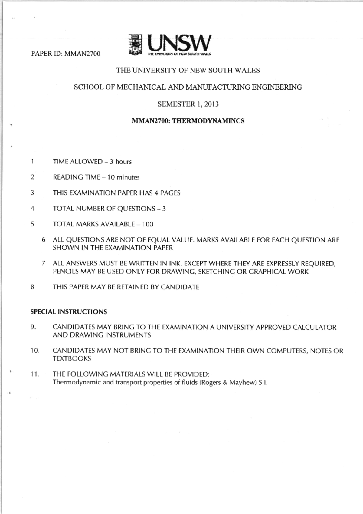 Exam 2013, questions - UNSW PAPER ID: MMAN2700 THE UNIVERSITY OF NEW ...