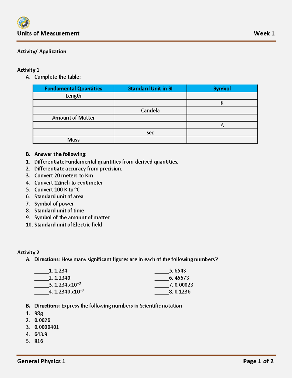 Physics 1 Activity 1 - I want to take a review here. - Units of ...