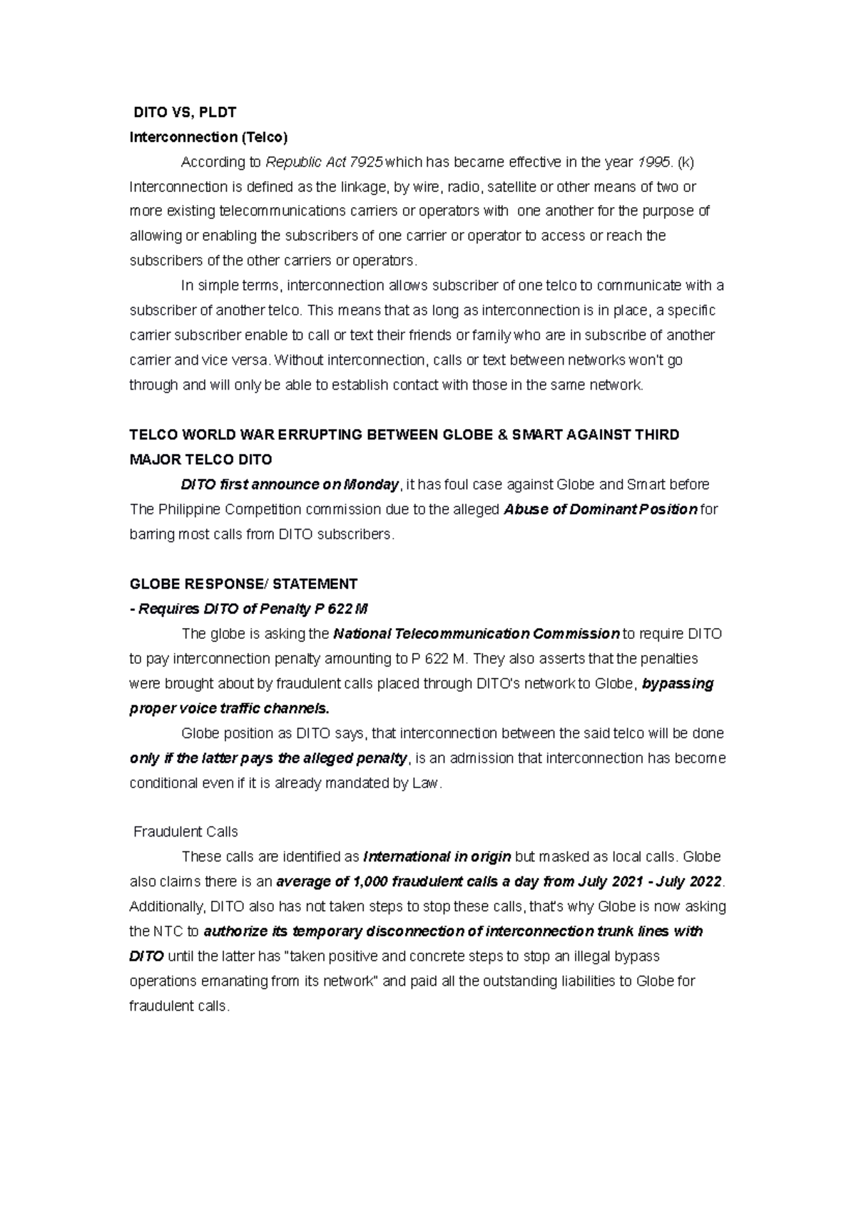 DITO CASE SUMMARY - DITO VS, PLDT Interconnection (Telco) According to ...